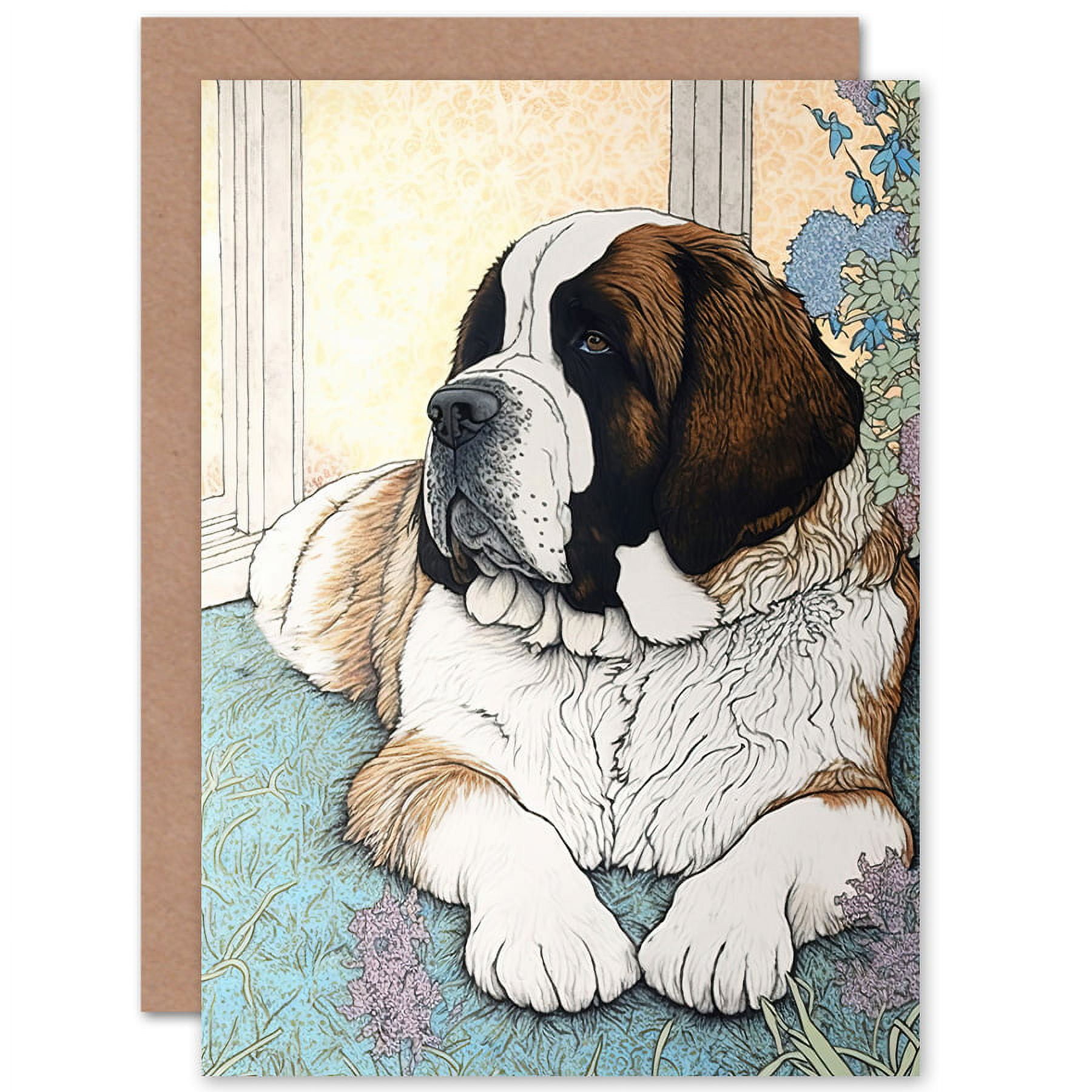 St Bernard Dog Lying by Flower Pot Modern Bright Multicoloured ...