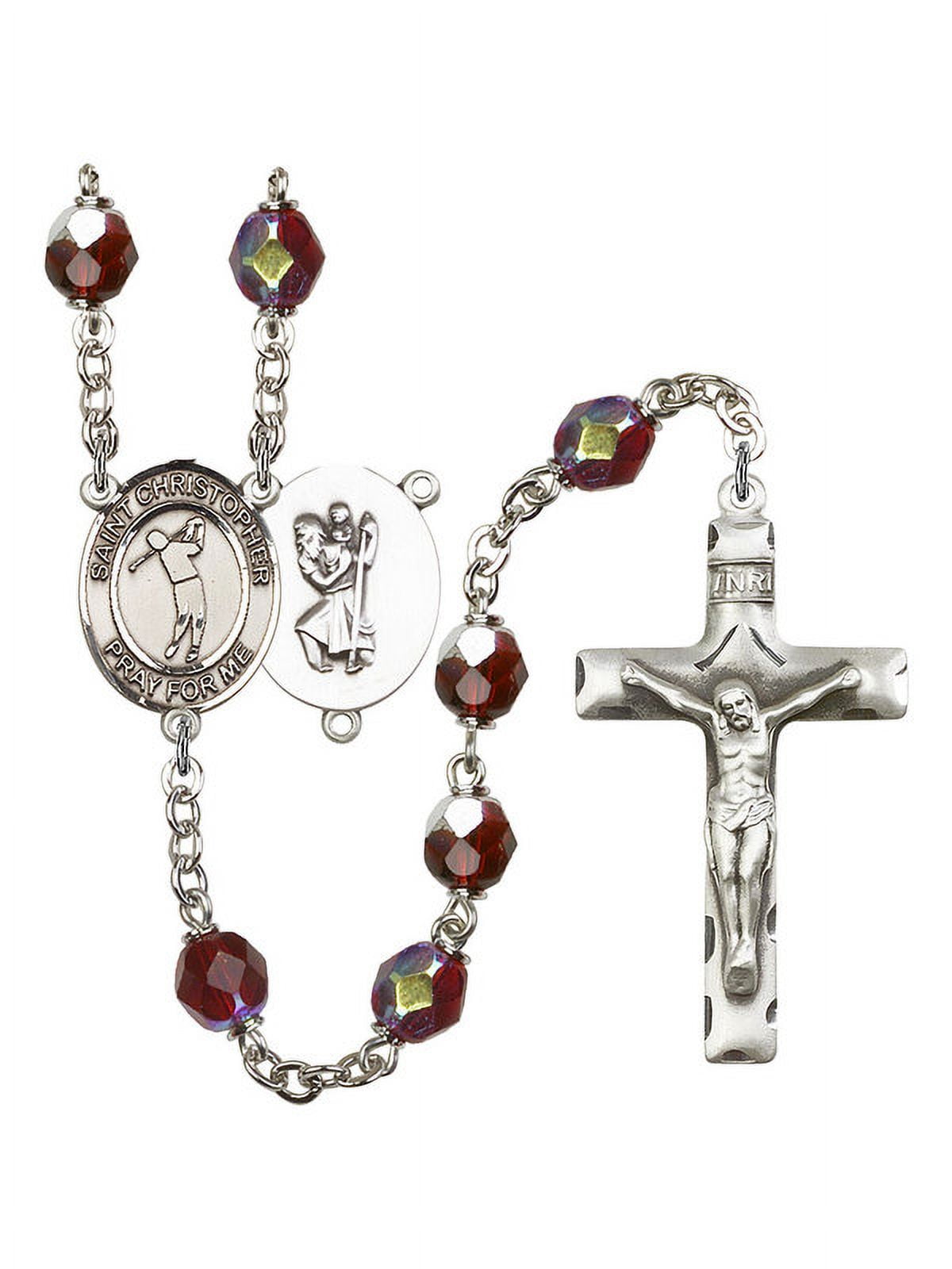 St. Christopher/Golf Silver-Plated Rosary 7mm January Red Lock Link ...
