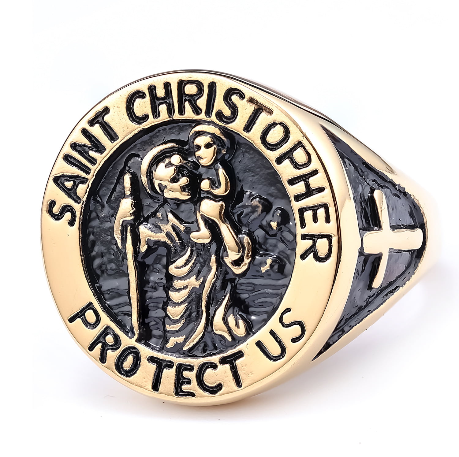 St Christopher Rings 14K Yellow Gold Men Patron Saint Cross Ring ...