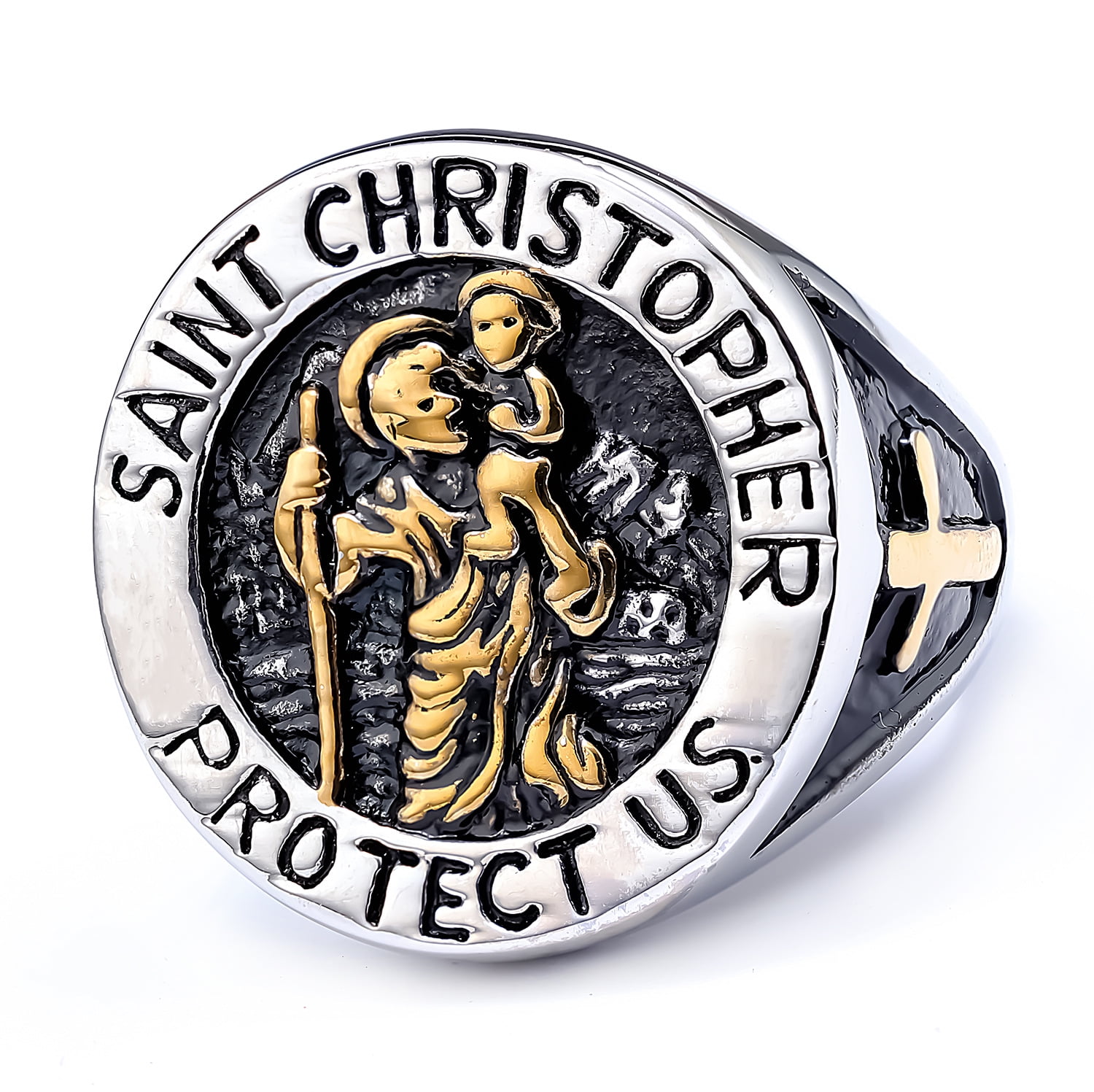 St Christopher Rings 14K Yellow Gold Men Patron Saint Cross Ring ...