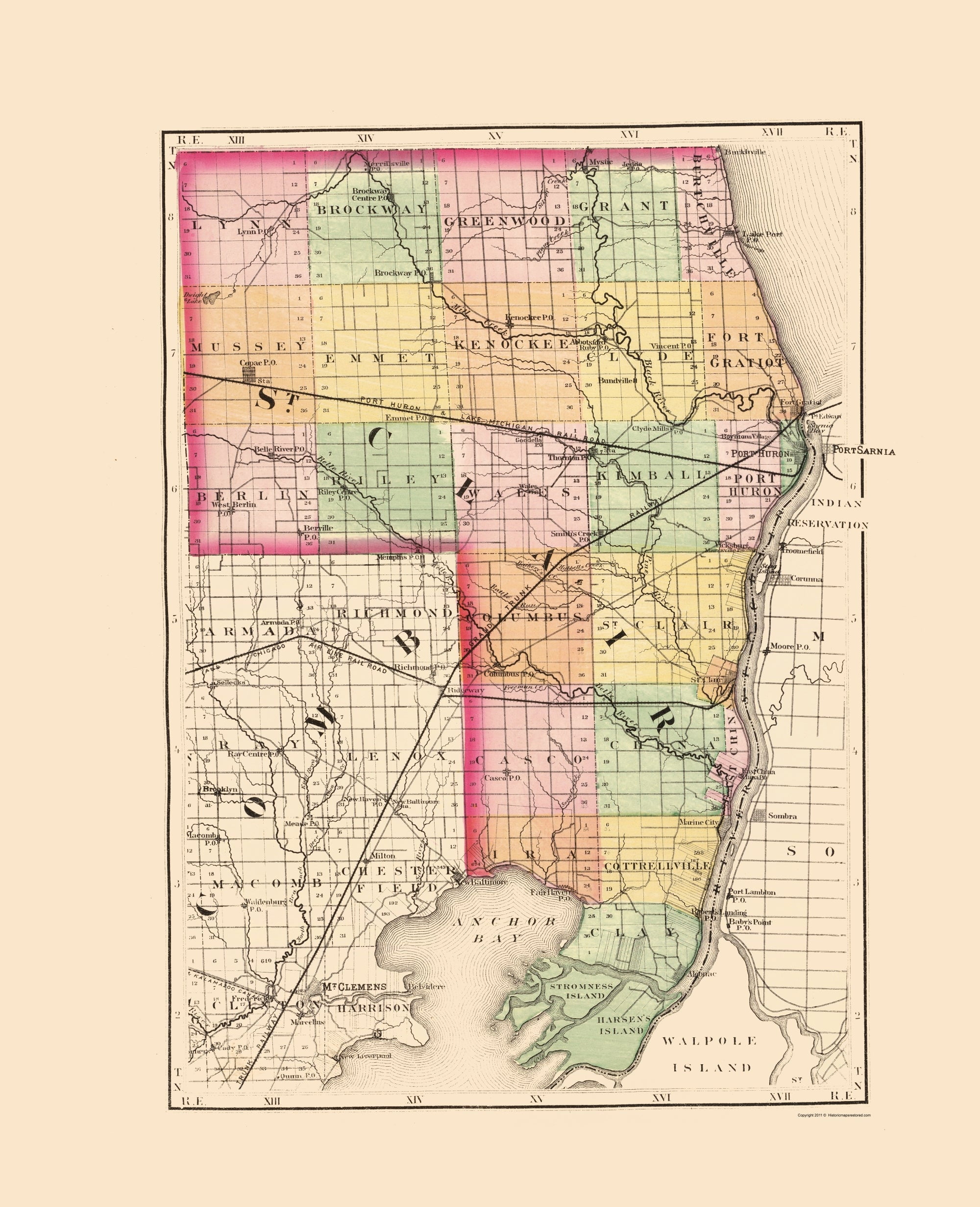 Historic County Map - St Clair County Michigan - Walling 1873 - 23 x 28 ...