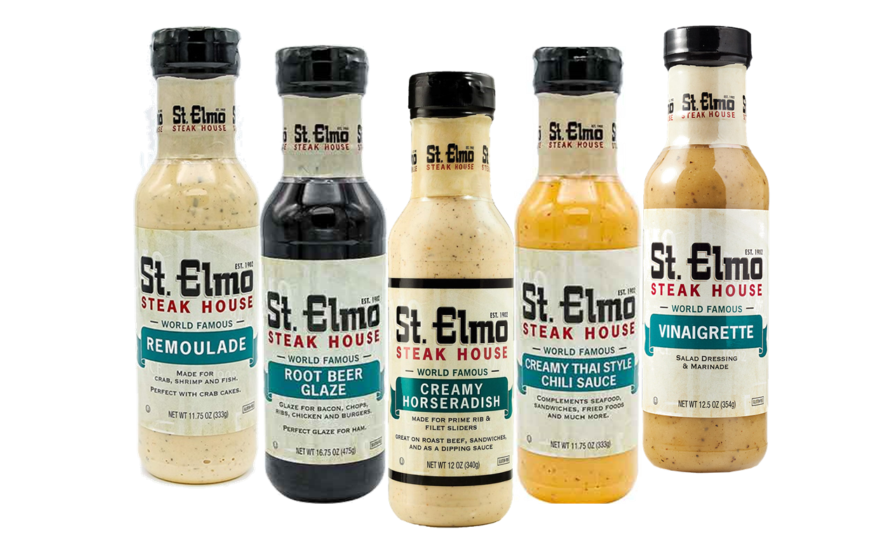 St. Elmo Creamy Horseradish, Root Beer Glaze, Thai Chili Sauce, Remoulade & Cocktail Sauce ...