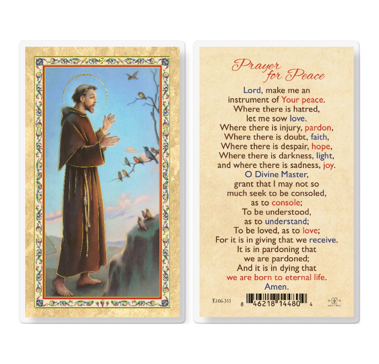St. Francis Prayer for Peace Gold-Stamped Laminated Catholic Prayer Holy Card with Prayer on ...