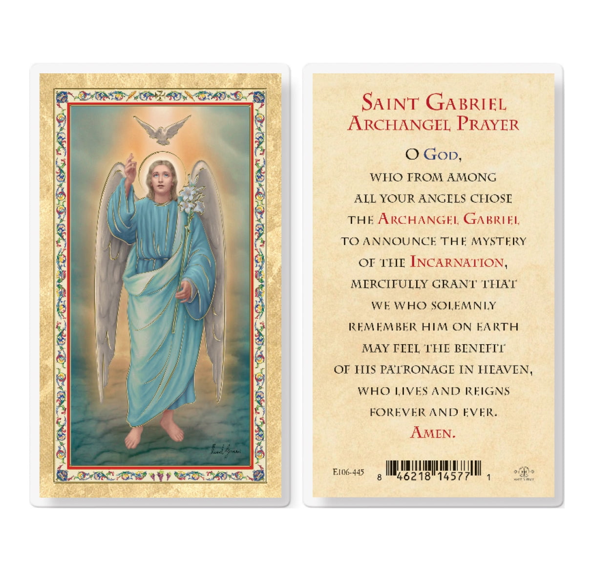 St. Gabriel Gold-Stamped Laminated Catholic Prayer Holy Card with ...