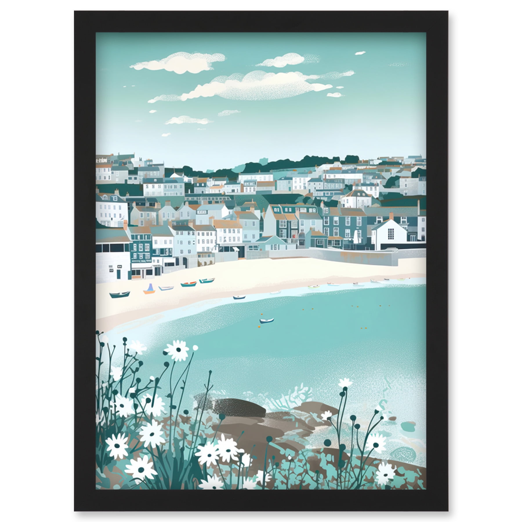 St Ives Bay Daisies Soft Pastel Coastal Cityscape Artwork Framed Wall ...