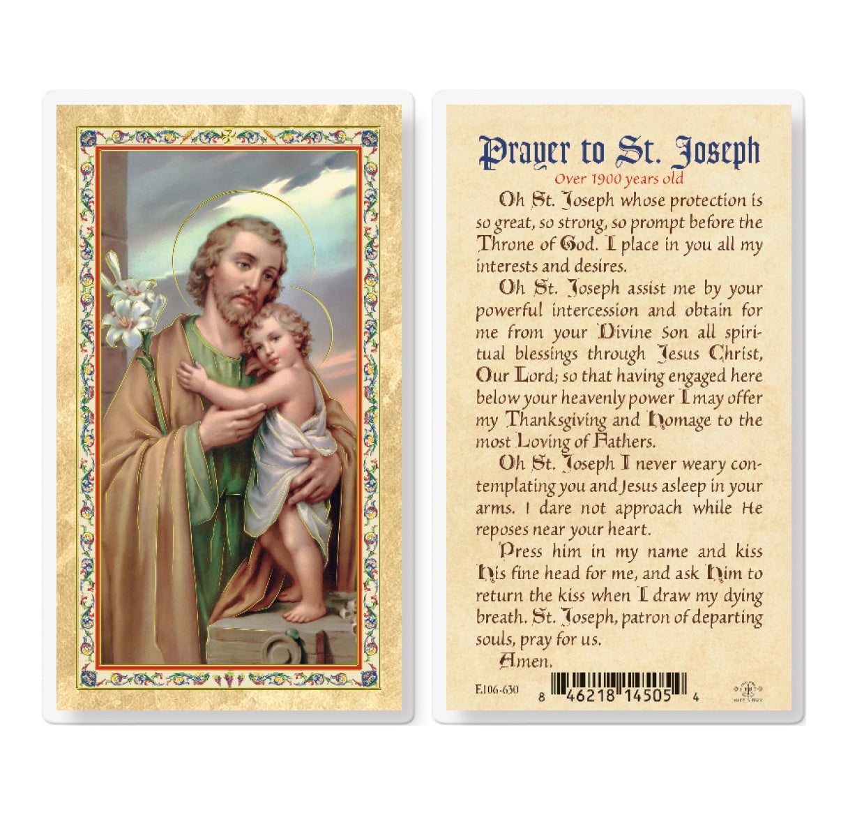 St. Joseph Prayer to 1900 Year Gold-Stamped Laminated Catholic Prayer ...