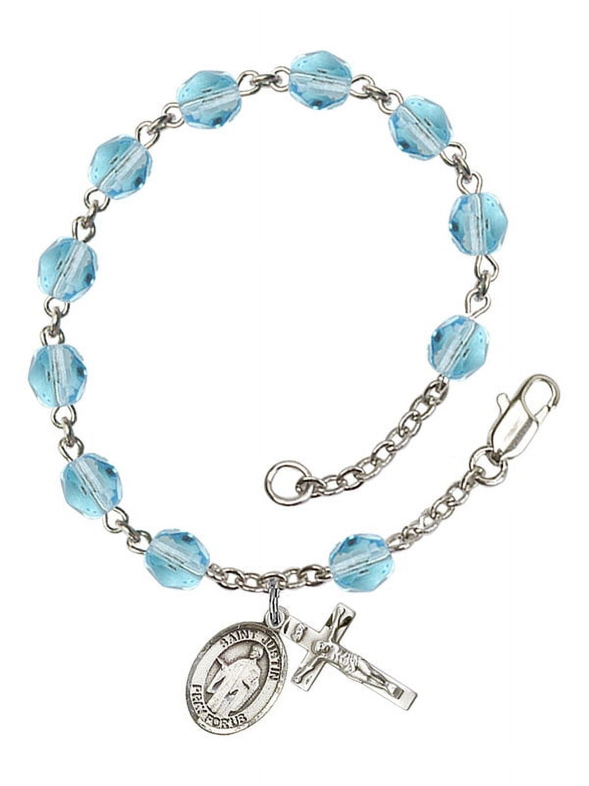 St. Justin Silver Plate Rosary Bracelet 6mm March Light Blue Fire ...