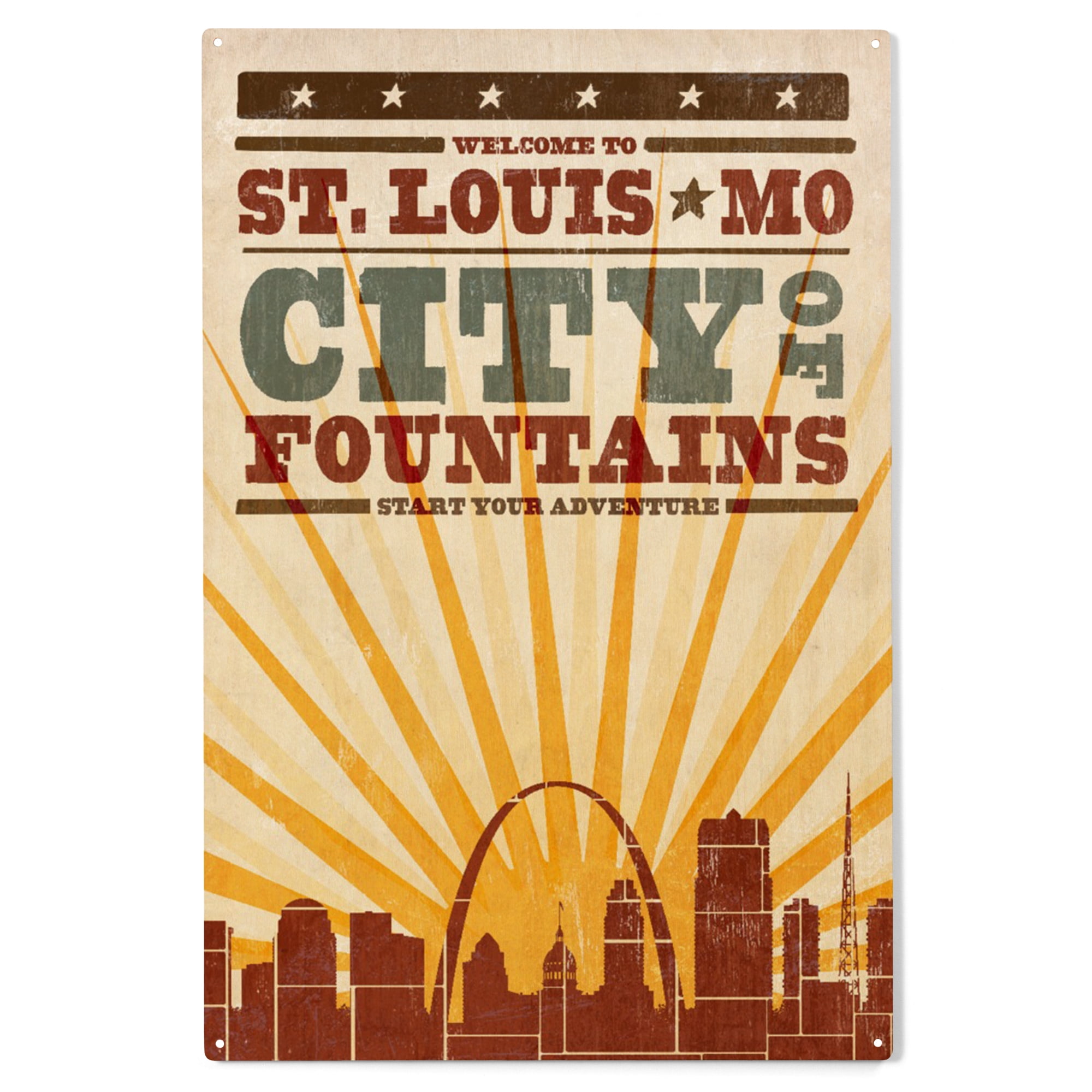 St. Louis, Missouri, Skyline and Sunburst Screenprint Style Birch Wood ...