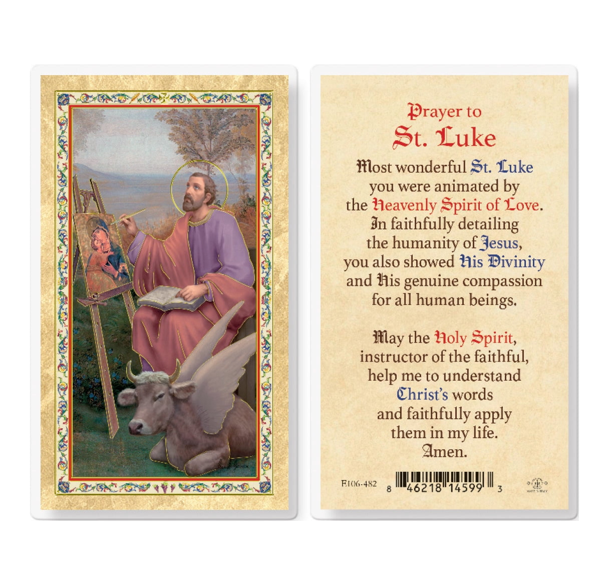 St. Luke w/Prayer Gold-Stamped Laminated Catholic Prayer Holy Card with ...