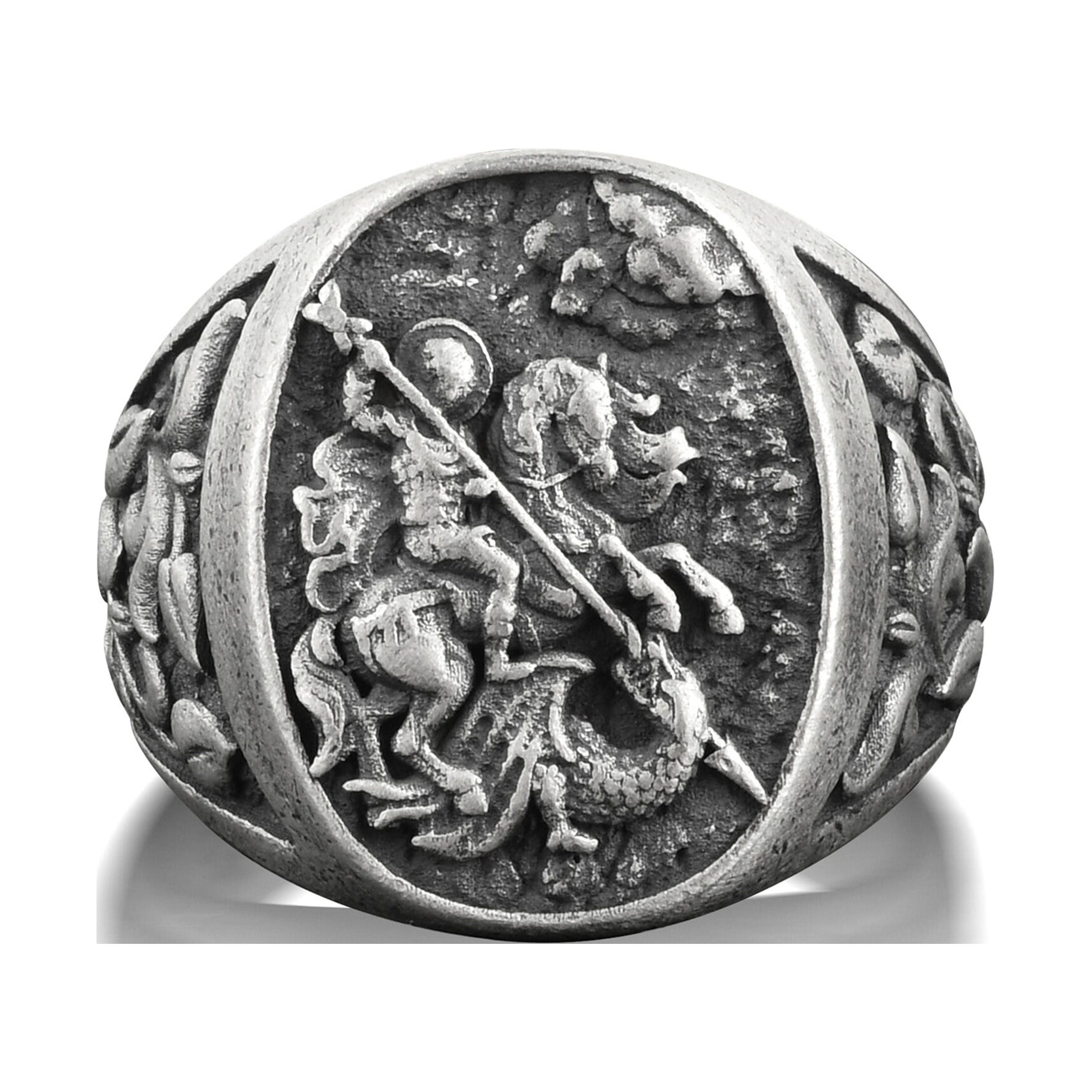 St Michael Oval Signet Ring Men, Archangel Saint Michael with Floral ...