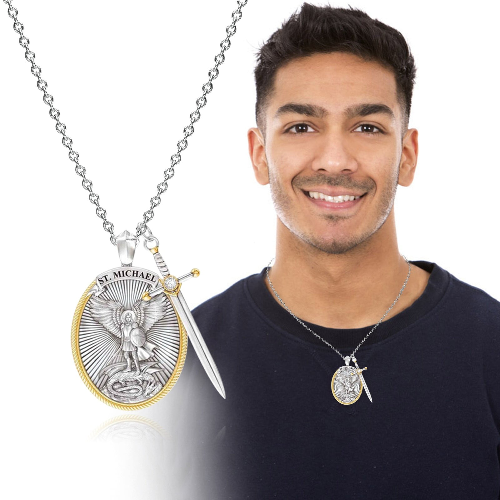 St. Michael Pendant Necklace for Men, Saint Michael Medal Necklace with ...