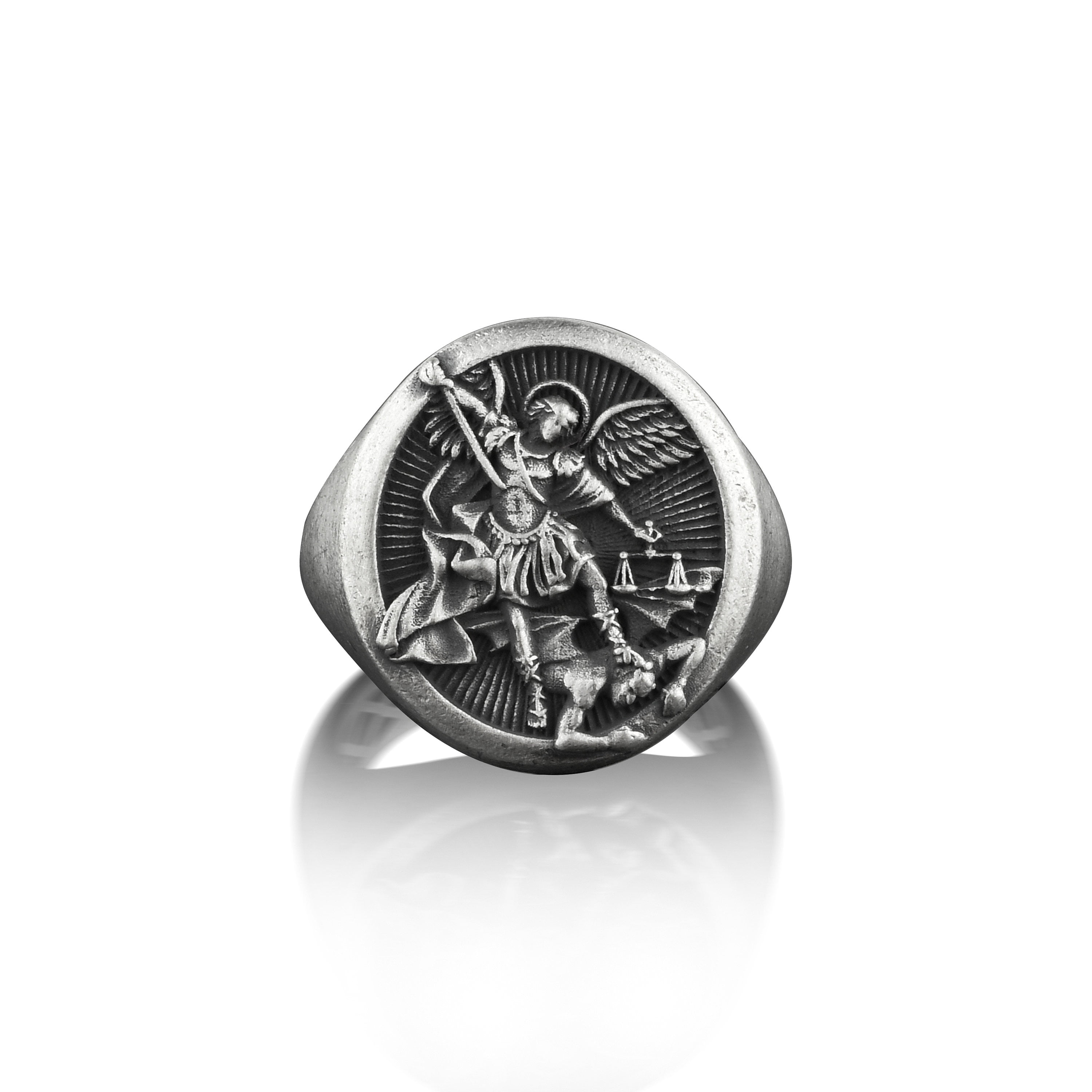 St Michael Pinky Signet Ring For Men, Oxidized Archangel Saint Michael ...