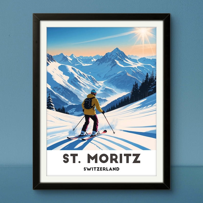 St. Moritz Skiing Poster - Alpine Ski Resort Art Print, Switzerland ...