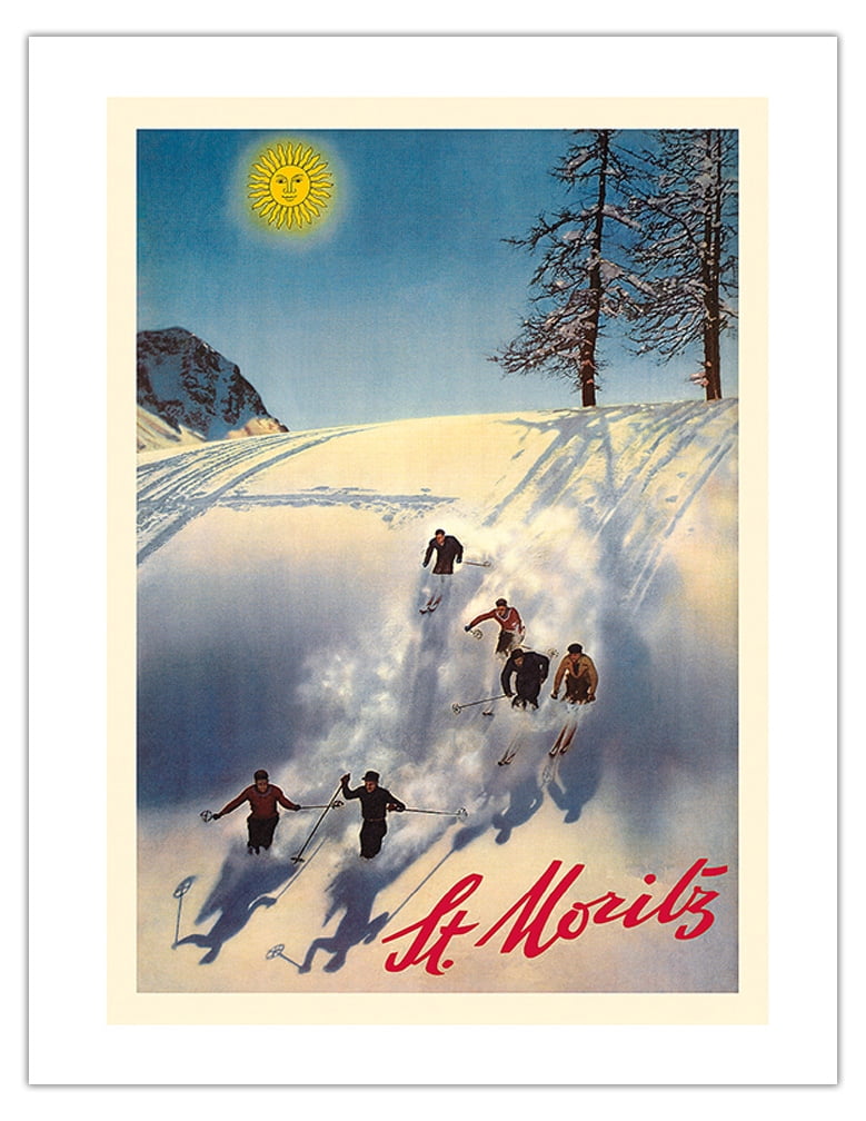 St. Moritz Switzerland - Skiers in Snow - Vintage Travel Poster by Walter Herdeg c.1935 - Bamboo ...