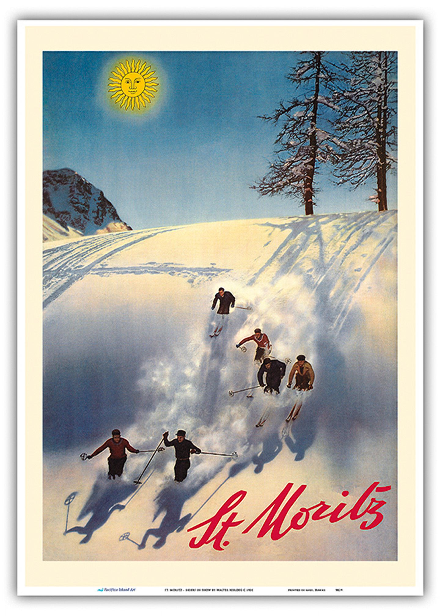 St. Moritz Switzerland - Skiers in Snow - Vintage Travel Poster by ...