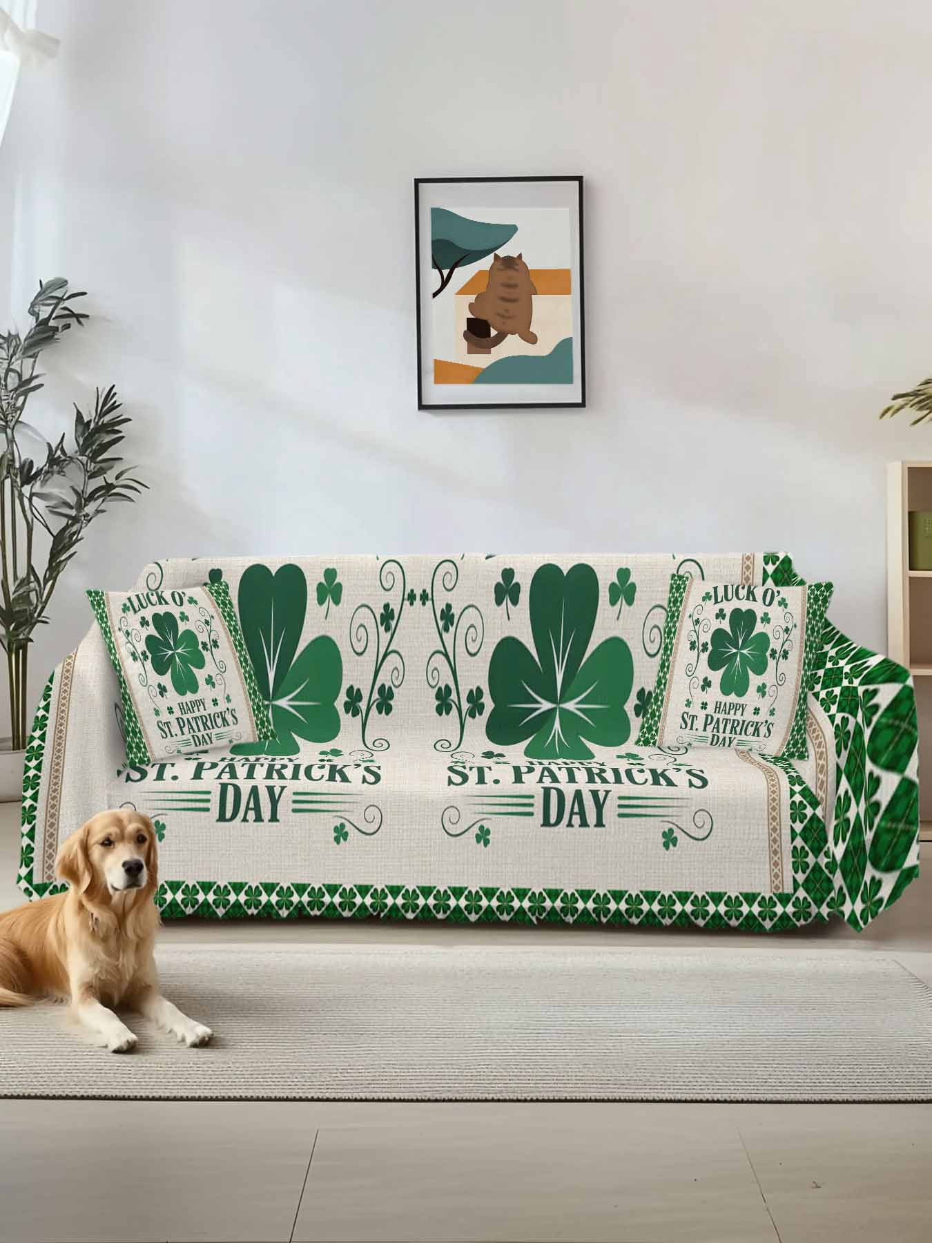 St. Patrick's Couch Cover for 2 Cushion Sofa, Lucky Shamrock Leaves ...