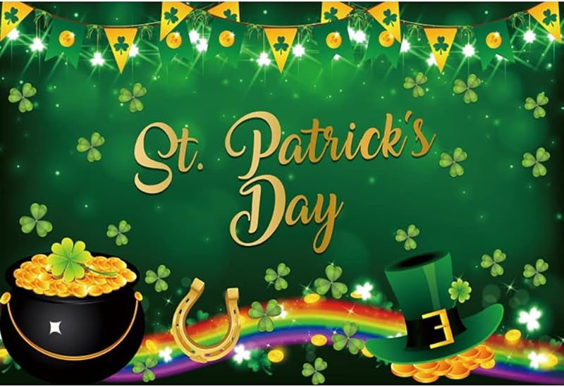 St. Patrick's Day Backdrop Irish Green Lucky Shamrock Flags Pot of Gold ...