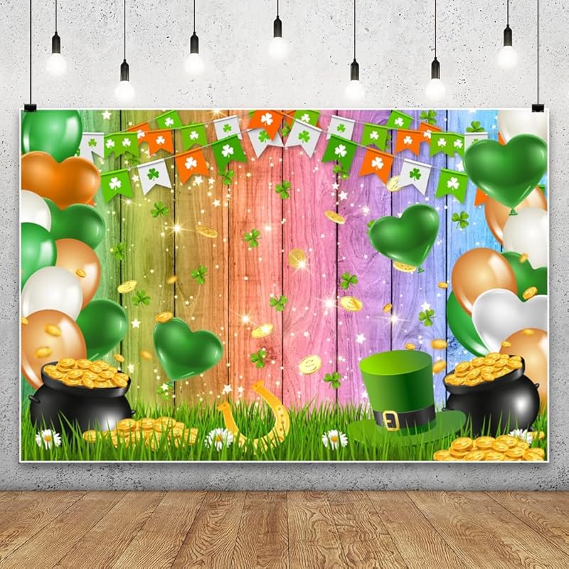 St. Patrick’s Day Backdrop Pot of Gold Coins Wooden Wall Green Lucky ...
