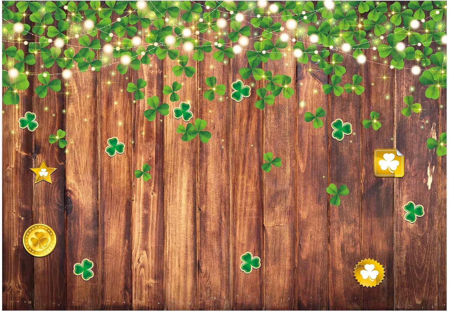 St. Patrick's Day Backdrop Rustic Wood Green Lucky Shamrock Gold Coins ...