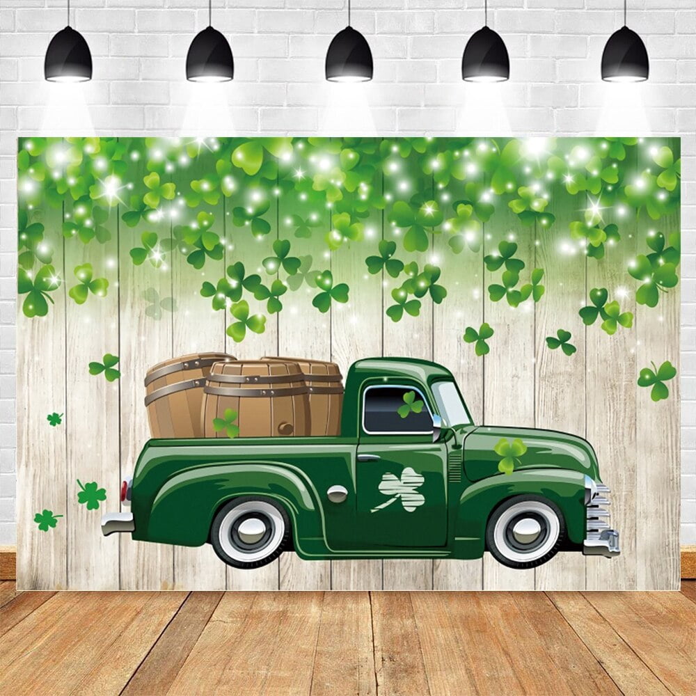 St. Patrick's Day Backdrop Spring Green Car Lucky Clover Glitter ...