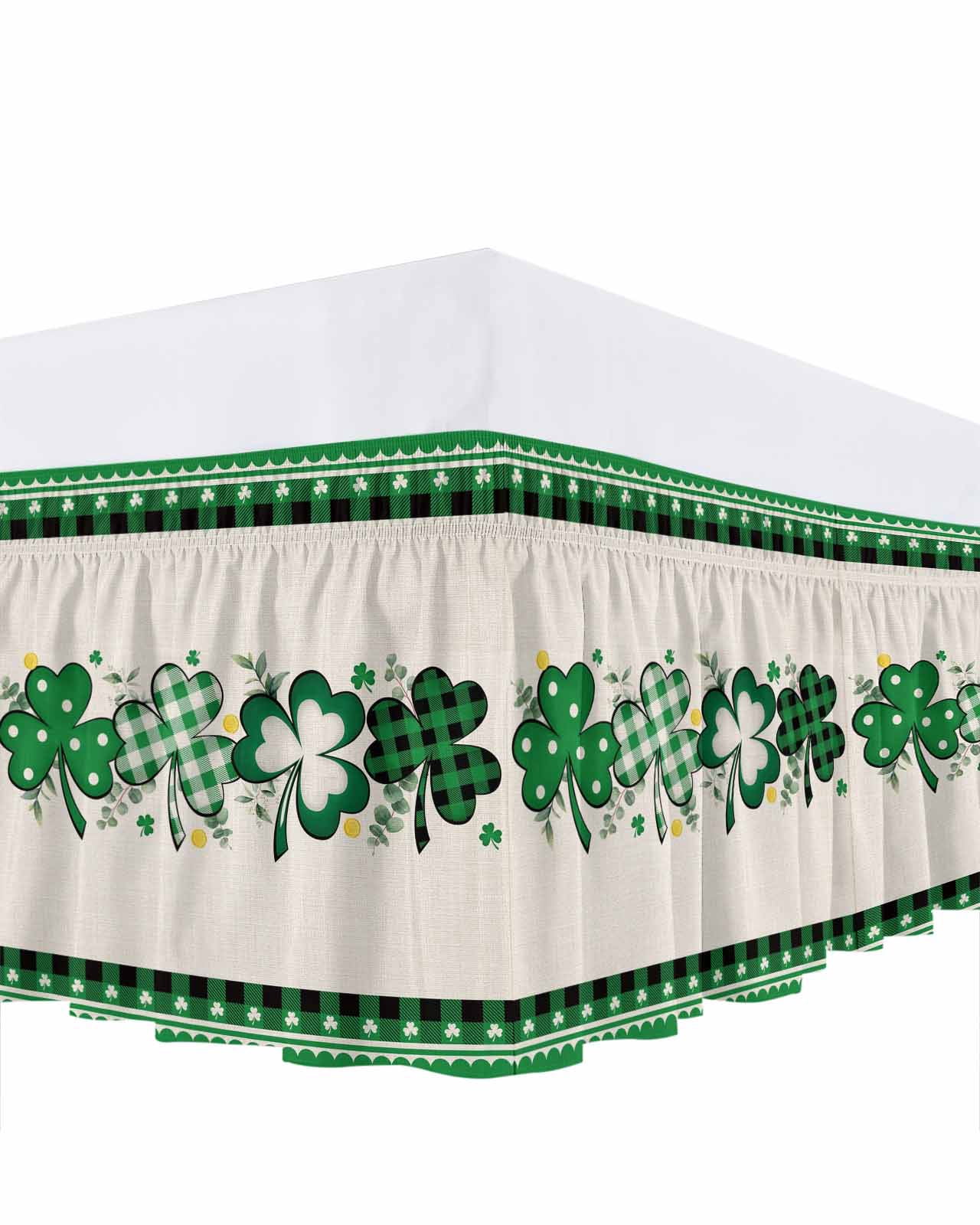 St. Patrick's Day Bed Skirt King Size, Green Shamrock Farmhouse Plaid ...