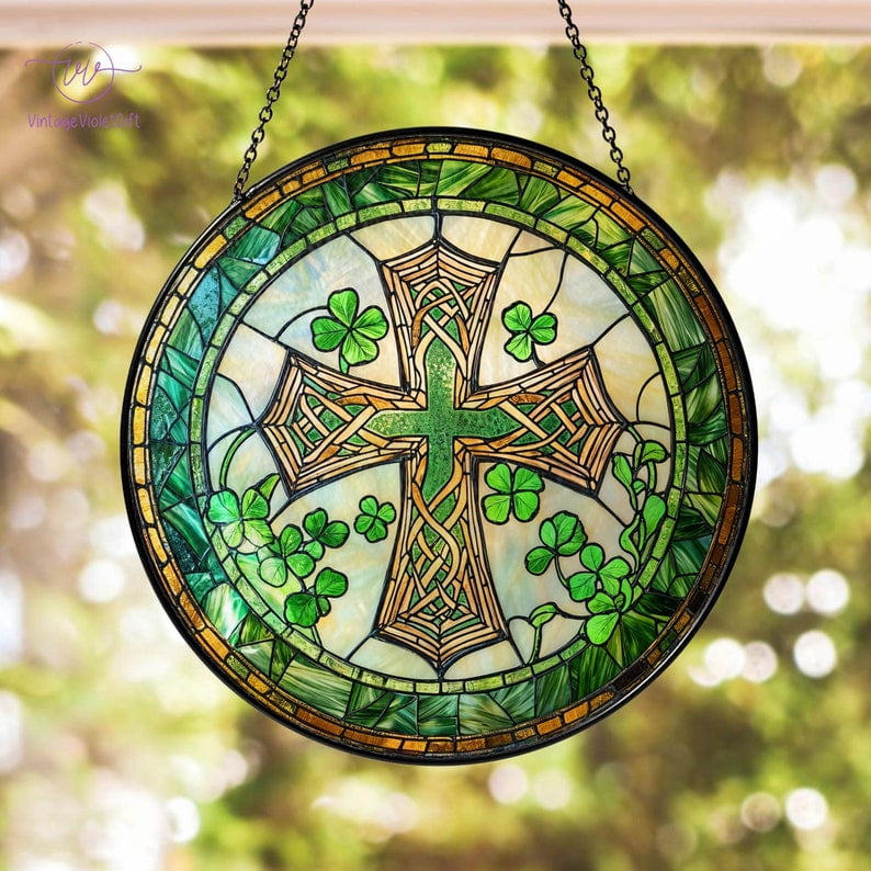 St. Patrick's Day Celtic Cross Stained Glass Suncatcher, Cross Window ...