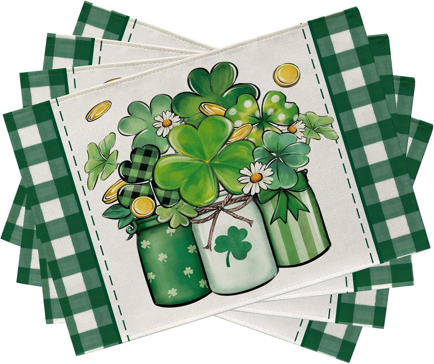 St. Patrick''s Day Clover Placemats Set of 4, Shamrock Mason Jar Plaid ...