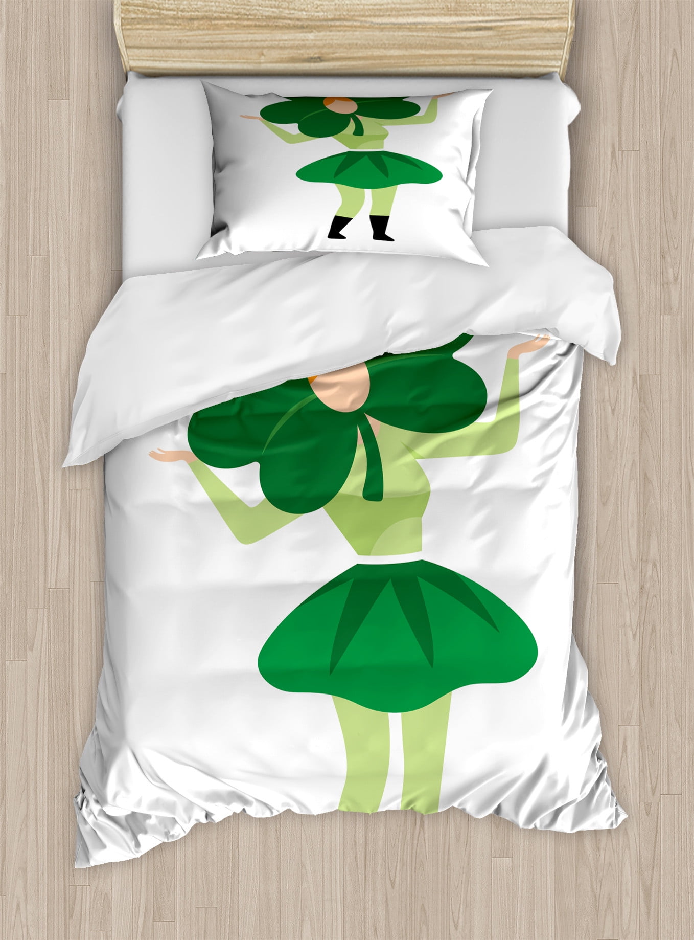 St. Patrick's Day Duvet Cover Set, Lucky Lady with Clover Hat Costume Pattern, Decorative 2 ...