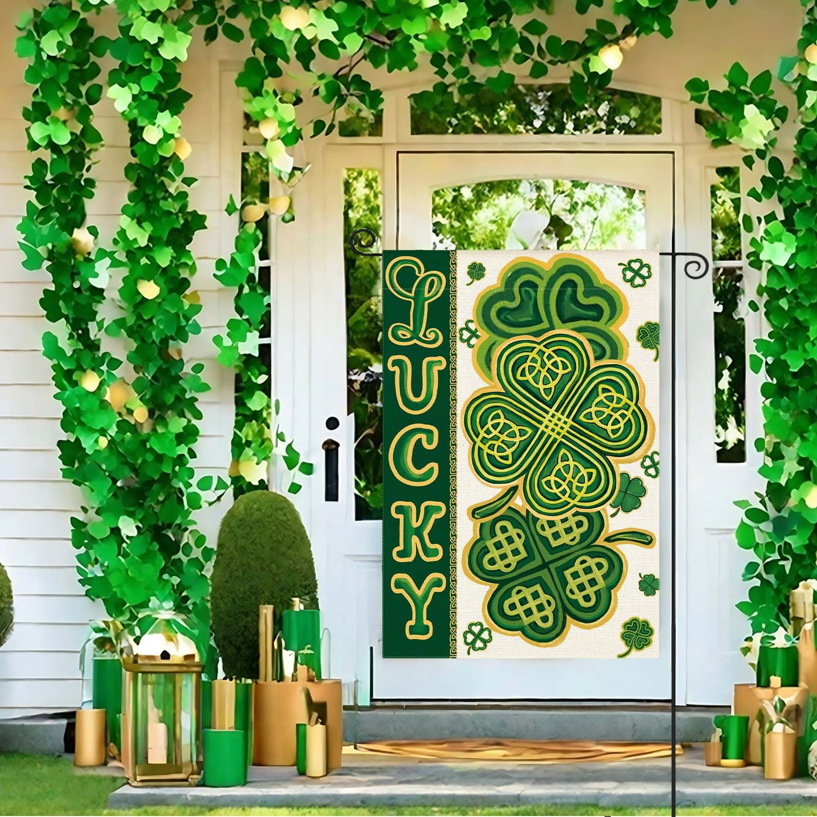 St. Patrick's Day Four-Leaf Clover Garden Flag, Outdoor Decorative Flax ...