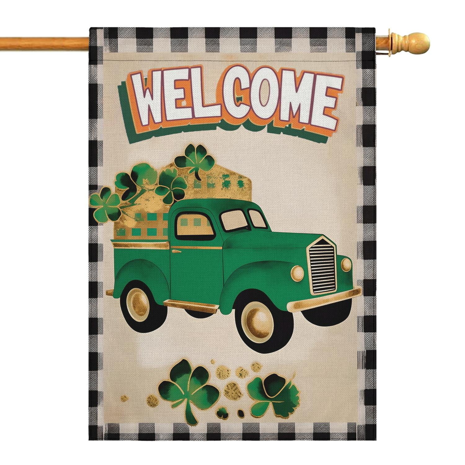 St. Patrick's Day Garden Flag Irish Garden Flag Green Clovers Shamrocks Truck Buffalo Plaid Yard ...