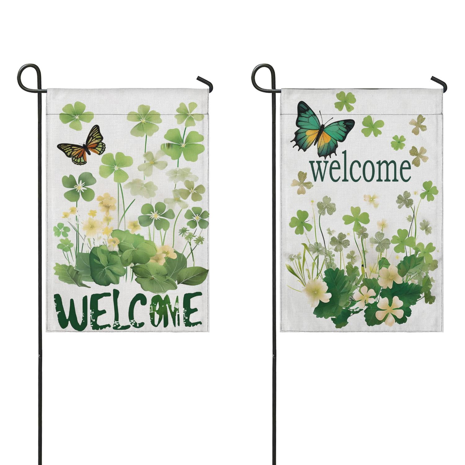 St. Patrick's Day Garden Flag Linen Outdoor Flag Green Shamrock Clover ...