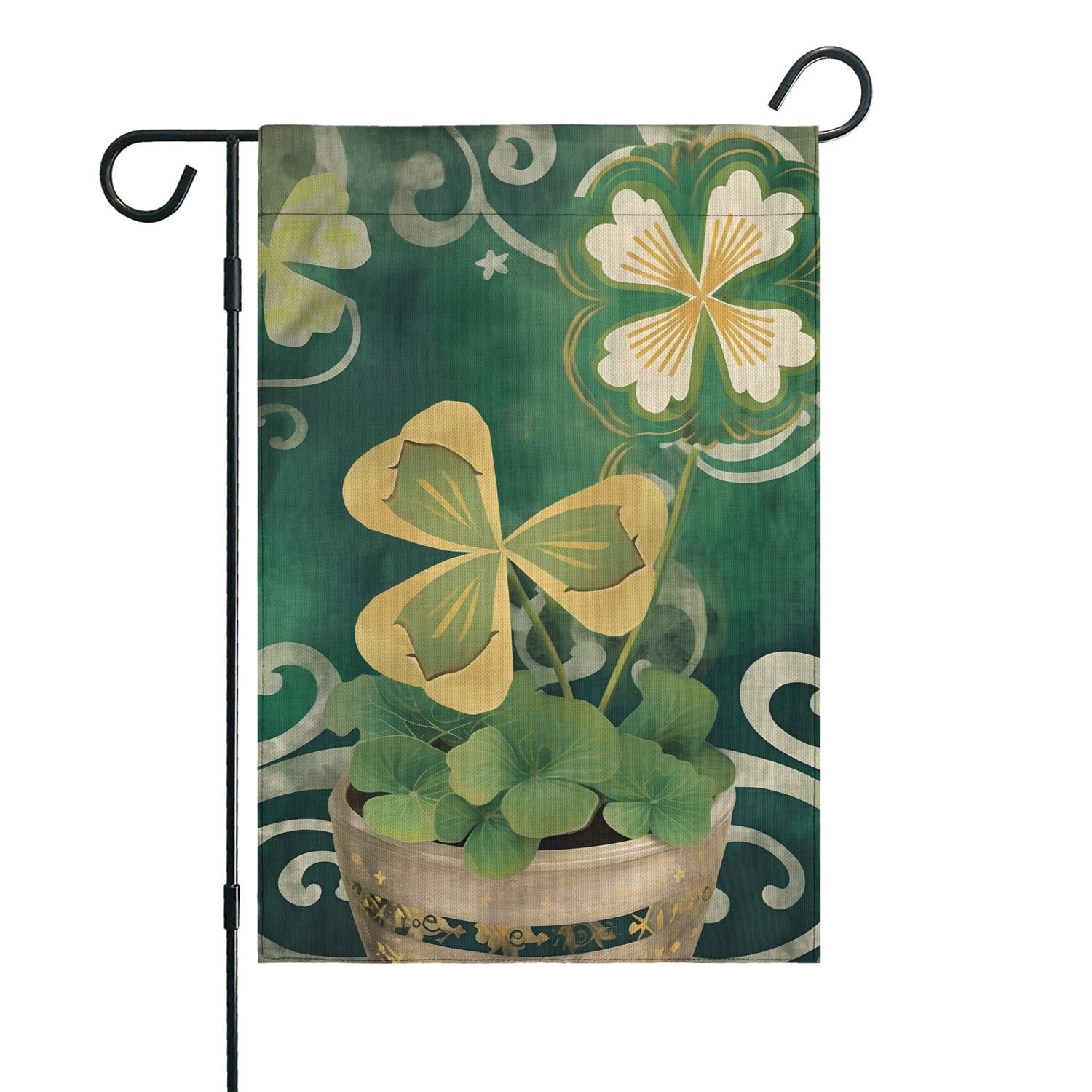 St. Patrick's Day Garden Flag Linen Outdoor Flag Green Shamrock Clover ...