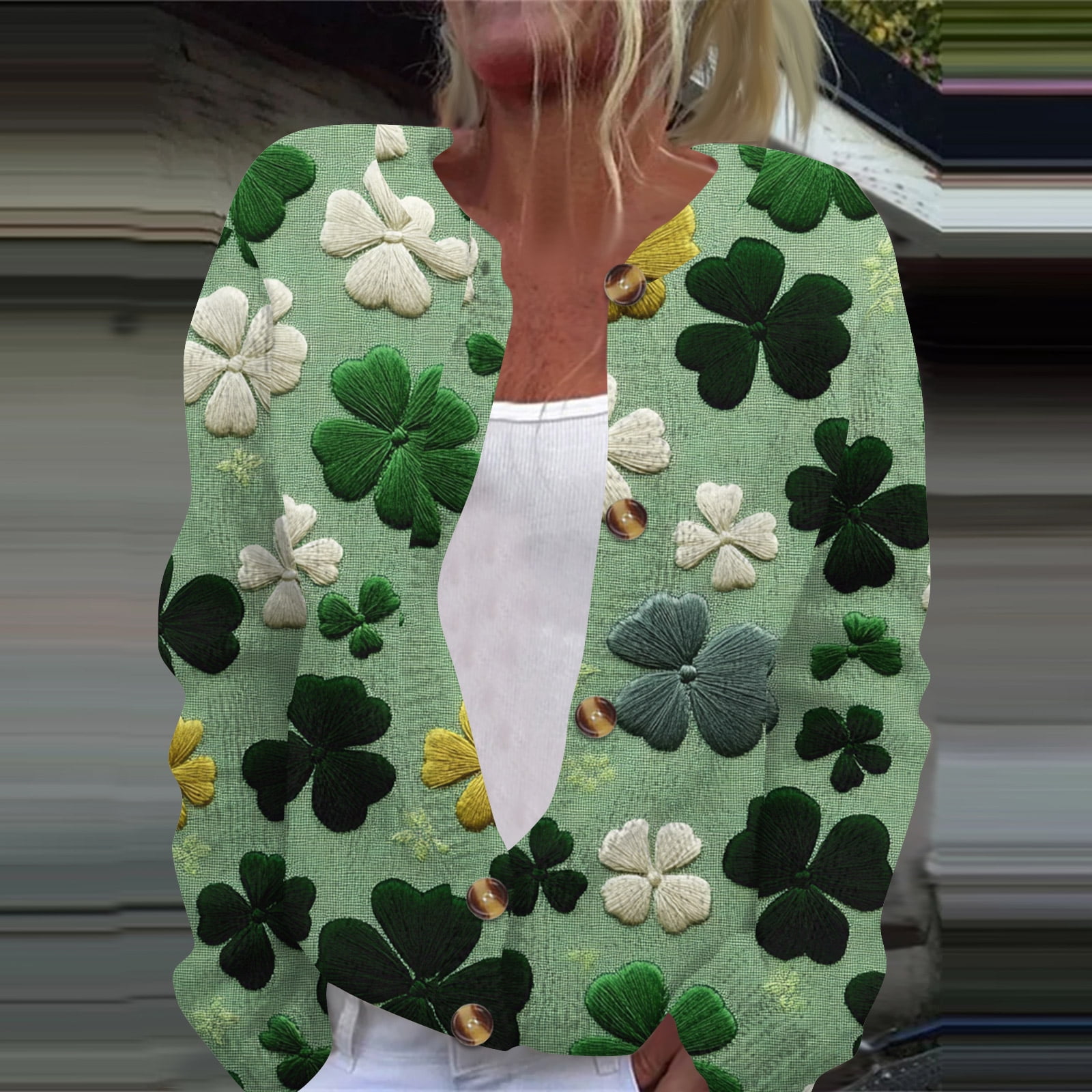 St. Patrick's Day Green Cardigan for Women Shamrock Pattern Long Sleeve ...