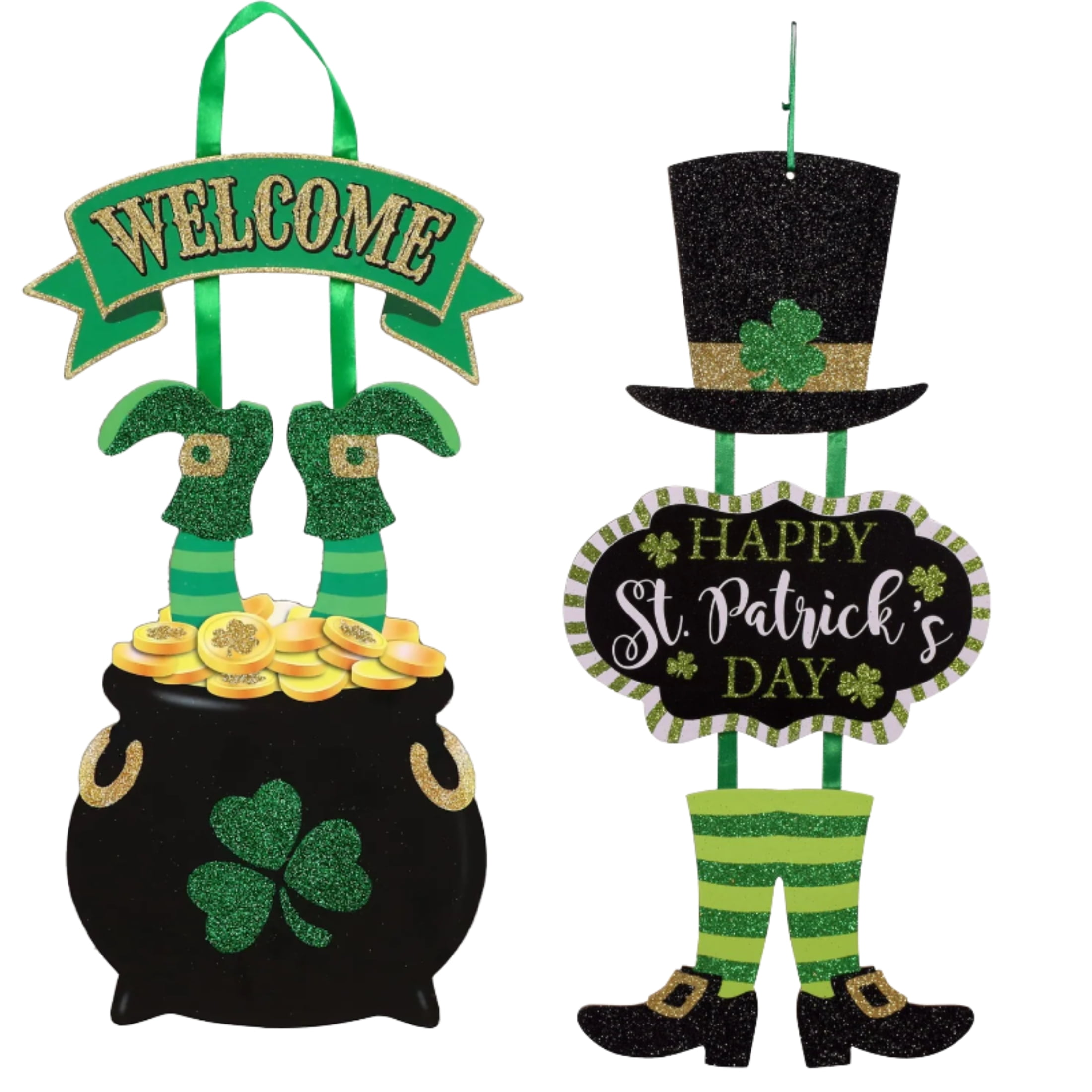 St Patrick's Day Hanging Sign 2pcs Wooden Glittery Leprechaun Feet ...