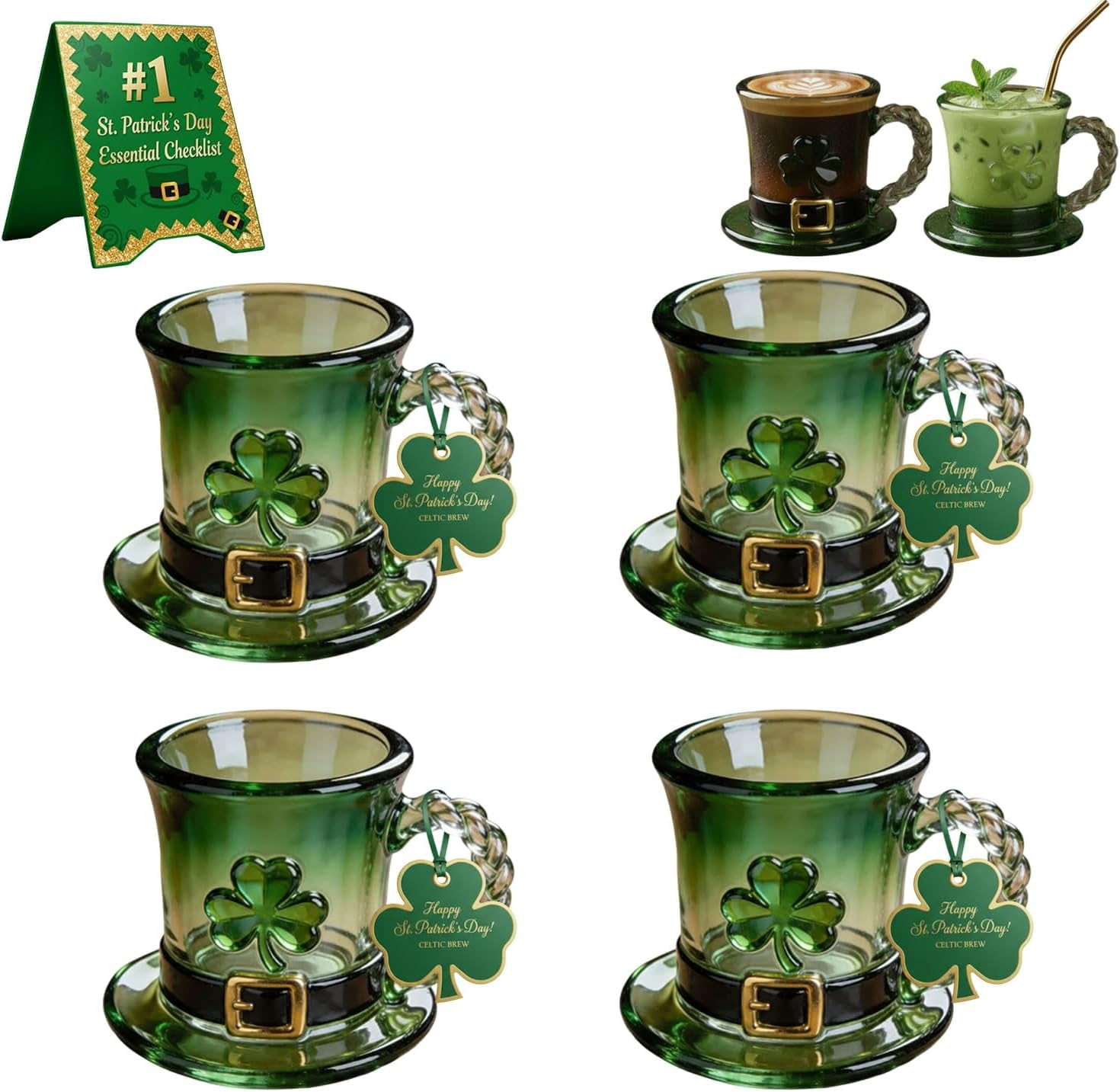 St. Patrick’s Day Leprechaun Hat Glass Mug, 11oz Emerald Green Coffee ...