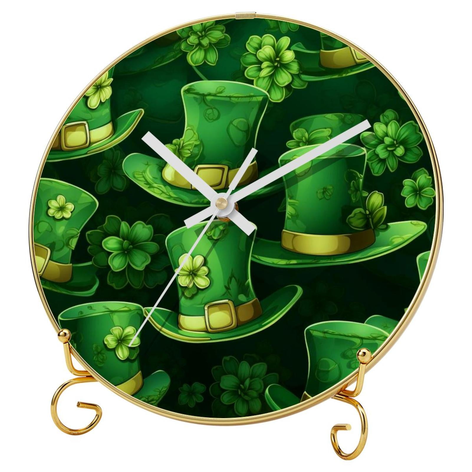 St. Patrick's Day Modern Round Wall Clock with Hooks and Gold Stand ...