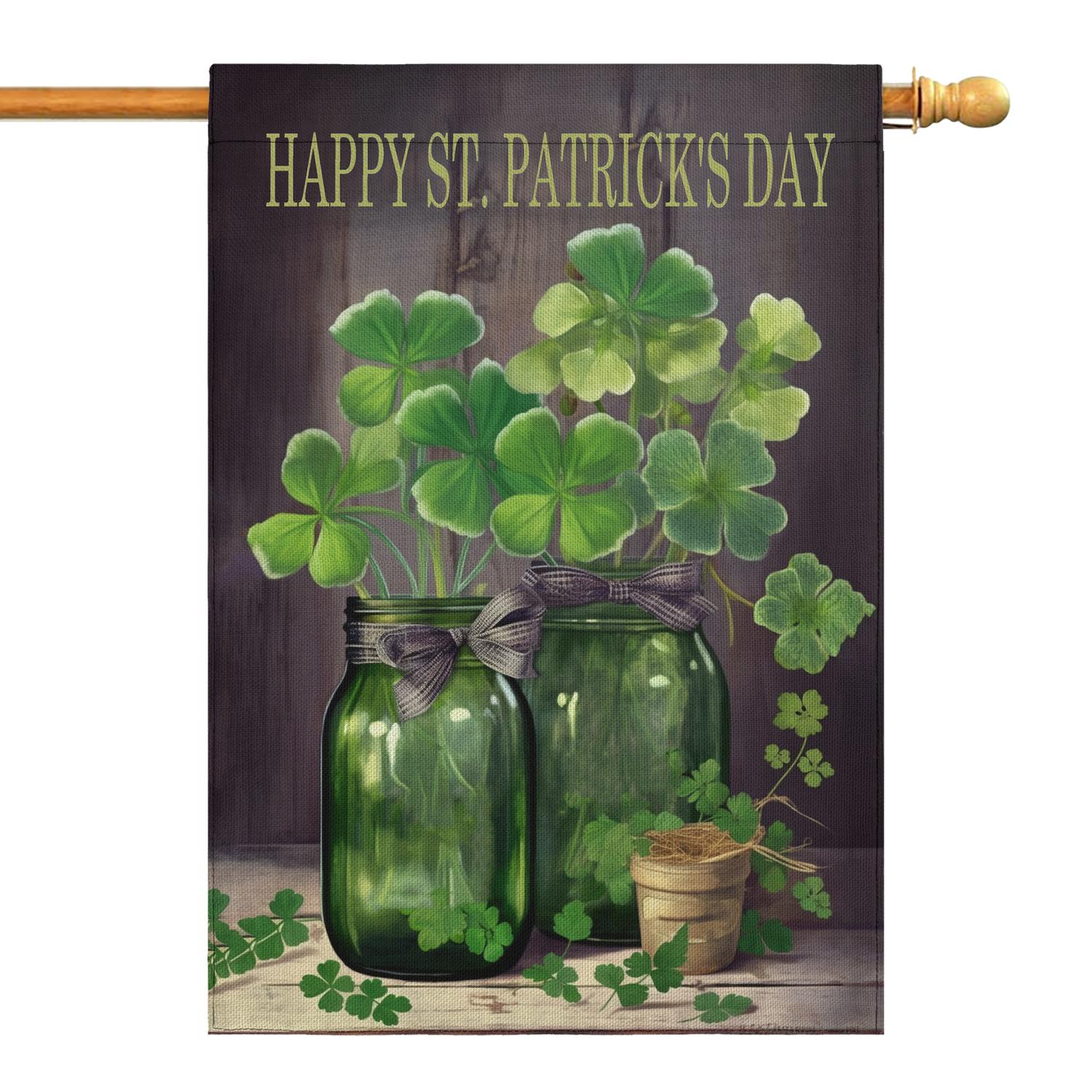 St. Patrick's Day Outdoor Flags Irish Garden Flag Shamrock Clovers Jar ...