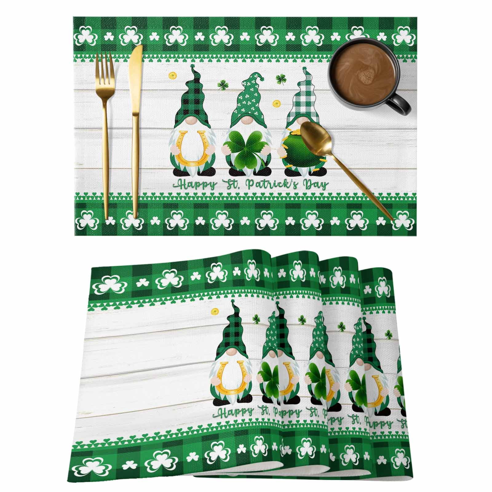 St. Patrick's Day Placemats Set of 8, Shamrock Gnomes Gold Coin Plaid ...