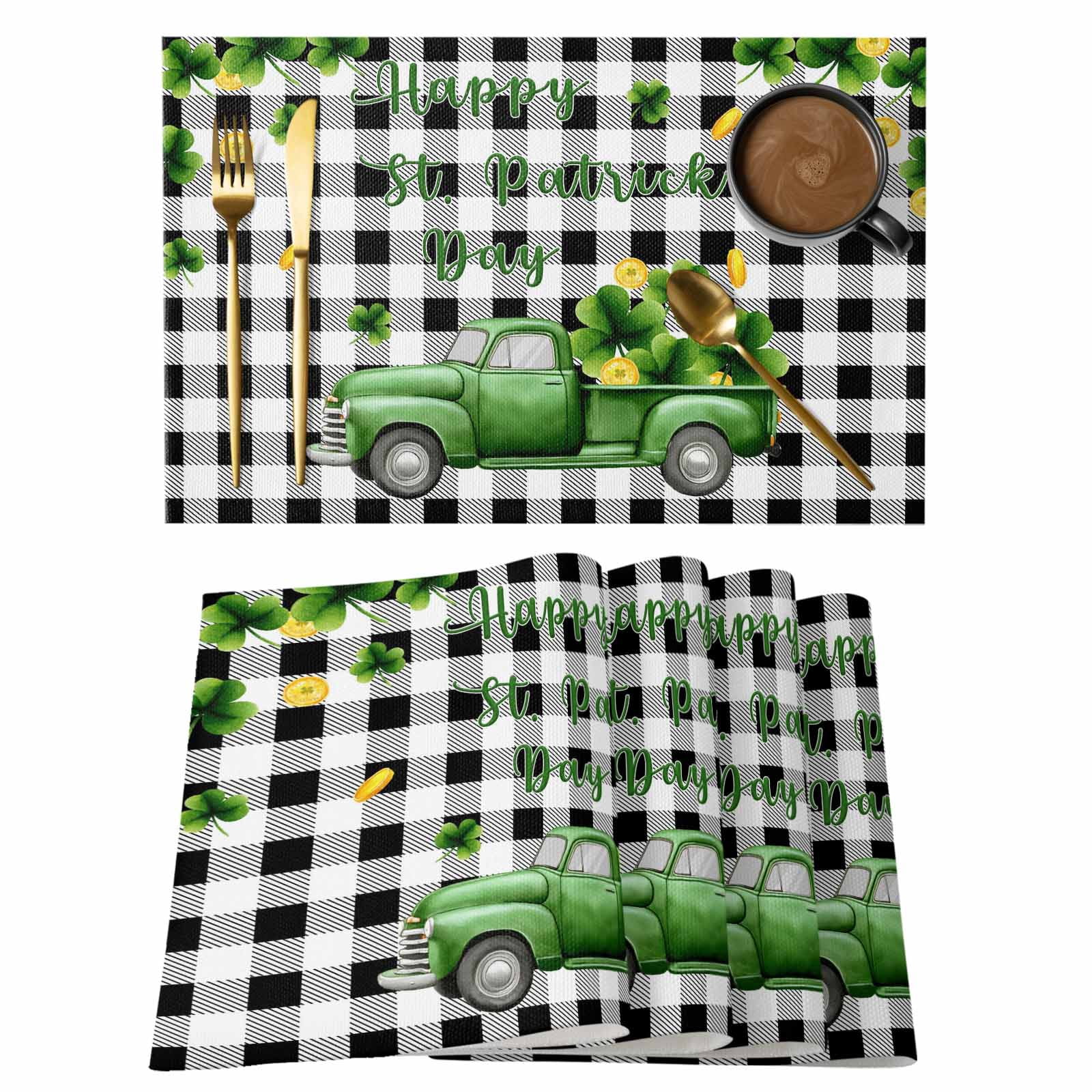 St. Patrick's Day Placemats Set of 8, Shamrock Truck Gold Coin Black ...