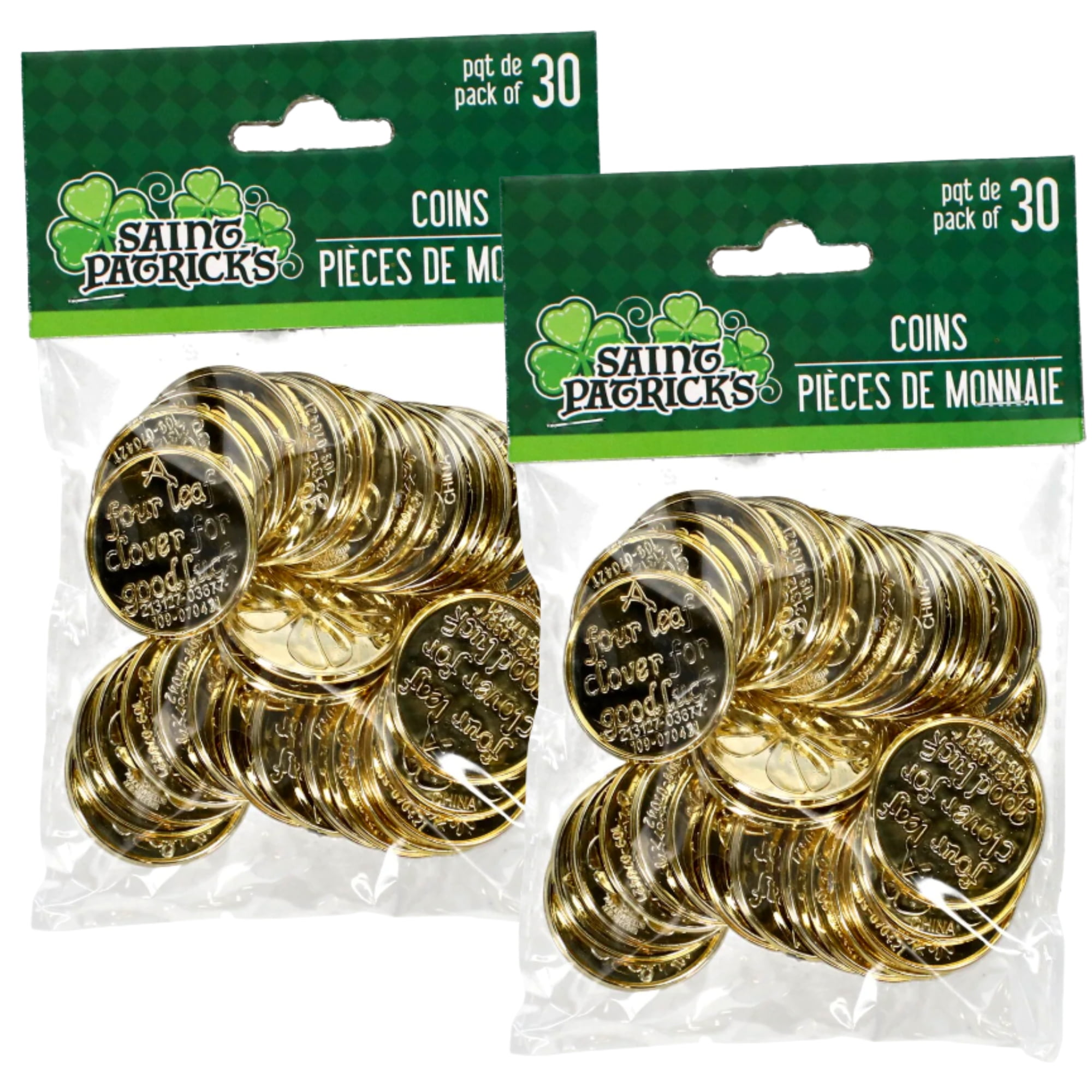 St Patrick's Day Plastic Gold Coins, 60 Pieces Total Clover Leaf Lucky ...