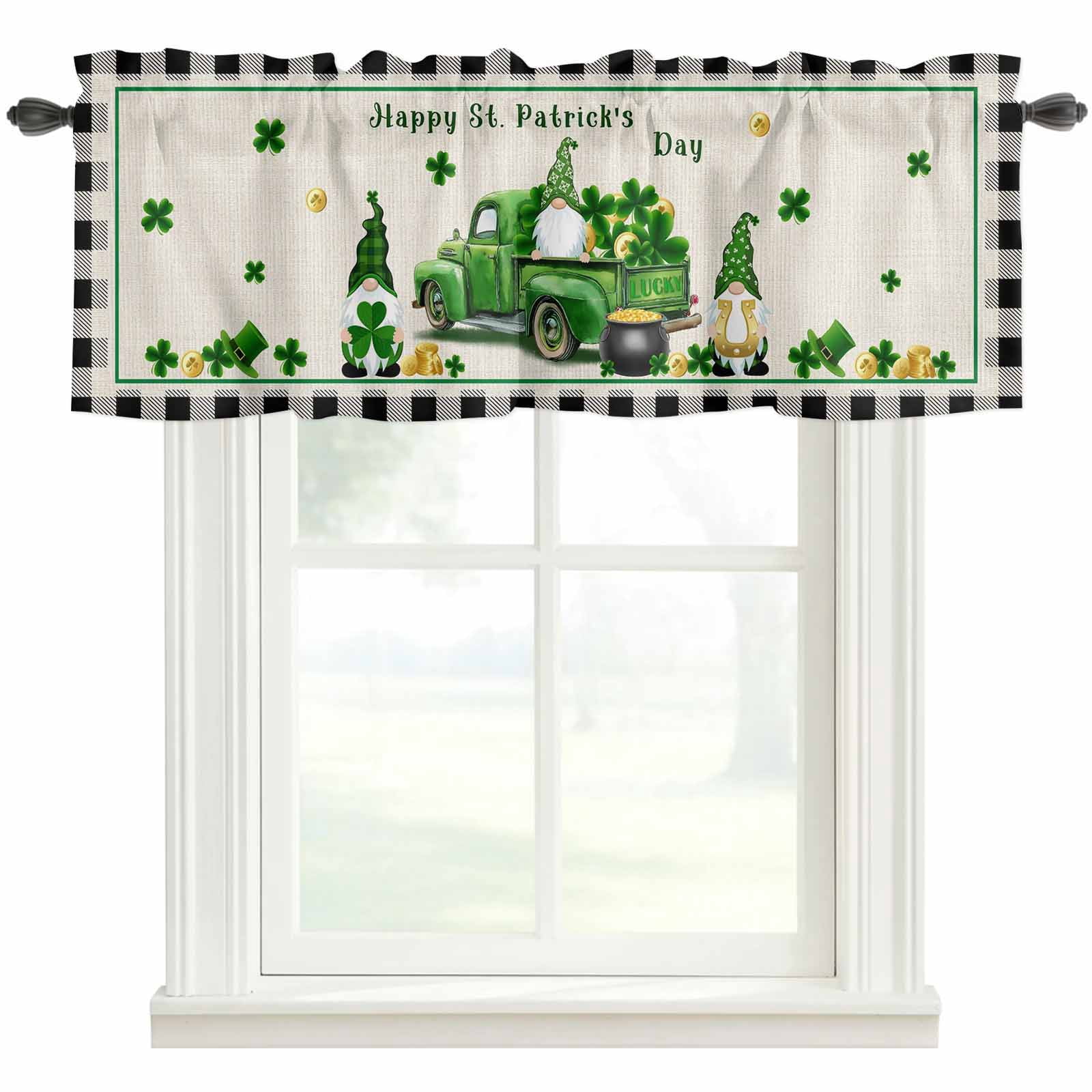 St. Patrick's Day Rod Pocket Curtain Valance, Gnomes Shamrocks Truck ...