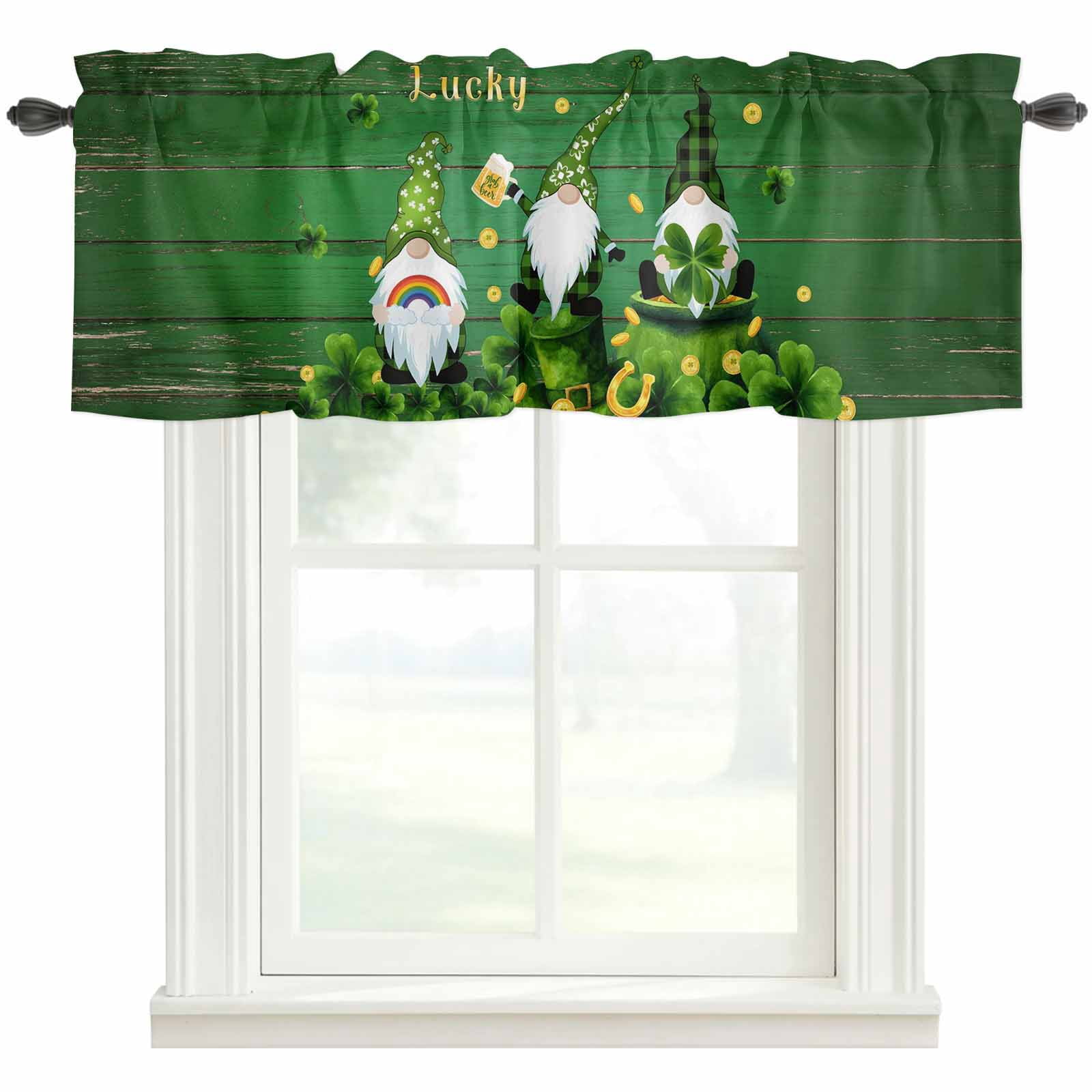 St. Patrick's Day Rod Pocket Curtain Valance, Green Gnomes Shamrock ...