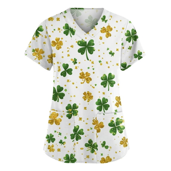 St Patrick's Day Scrubs Tops for Women Shamrock V Neck Leprechaun Scrub ...
