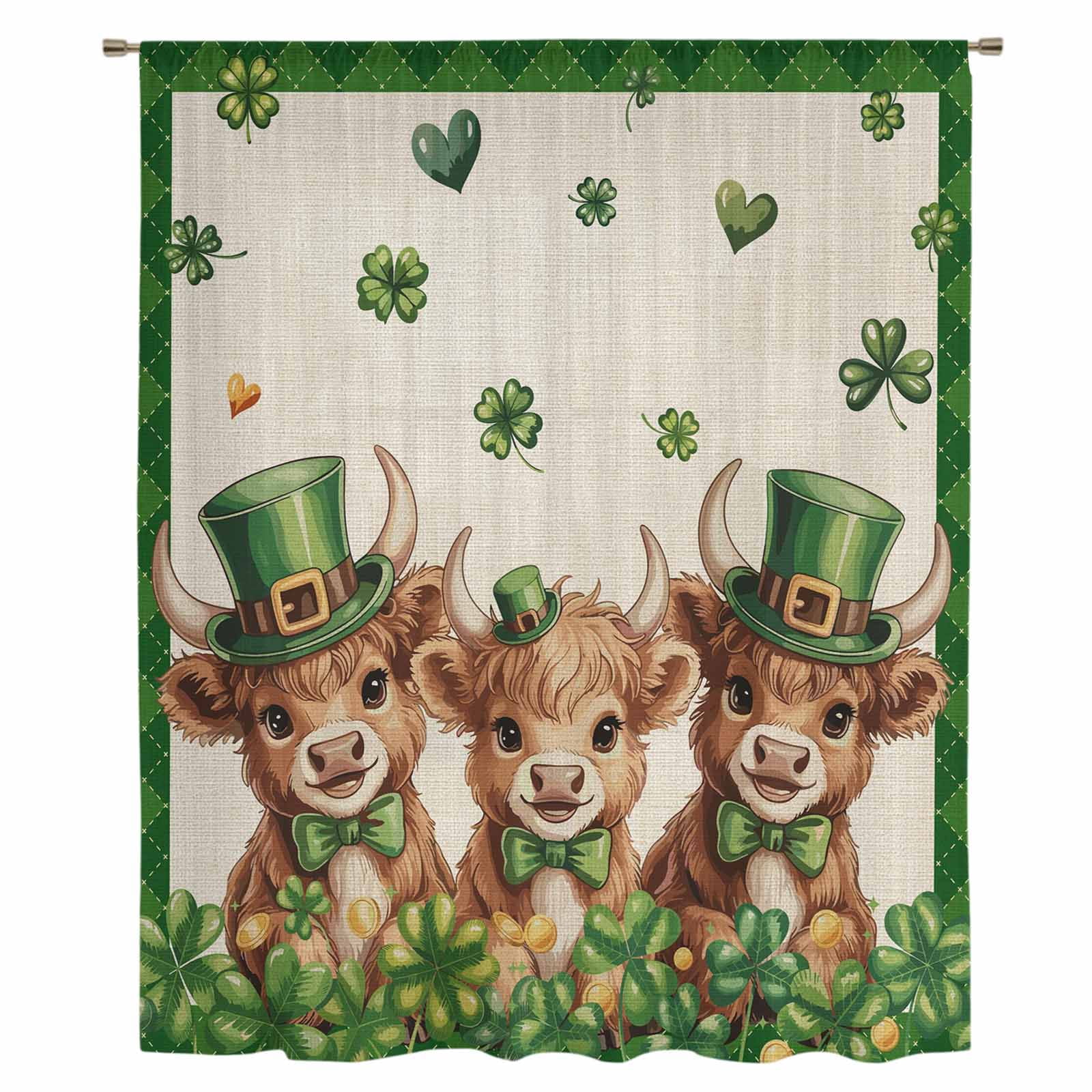 St. Patrick's Day Sheer Curtains 54" Long, Green Shamrock Highland Cow ...