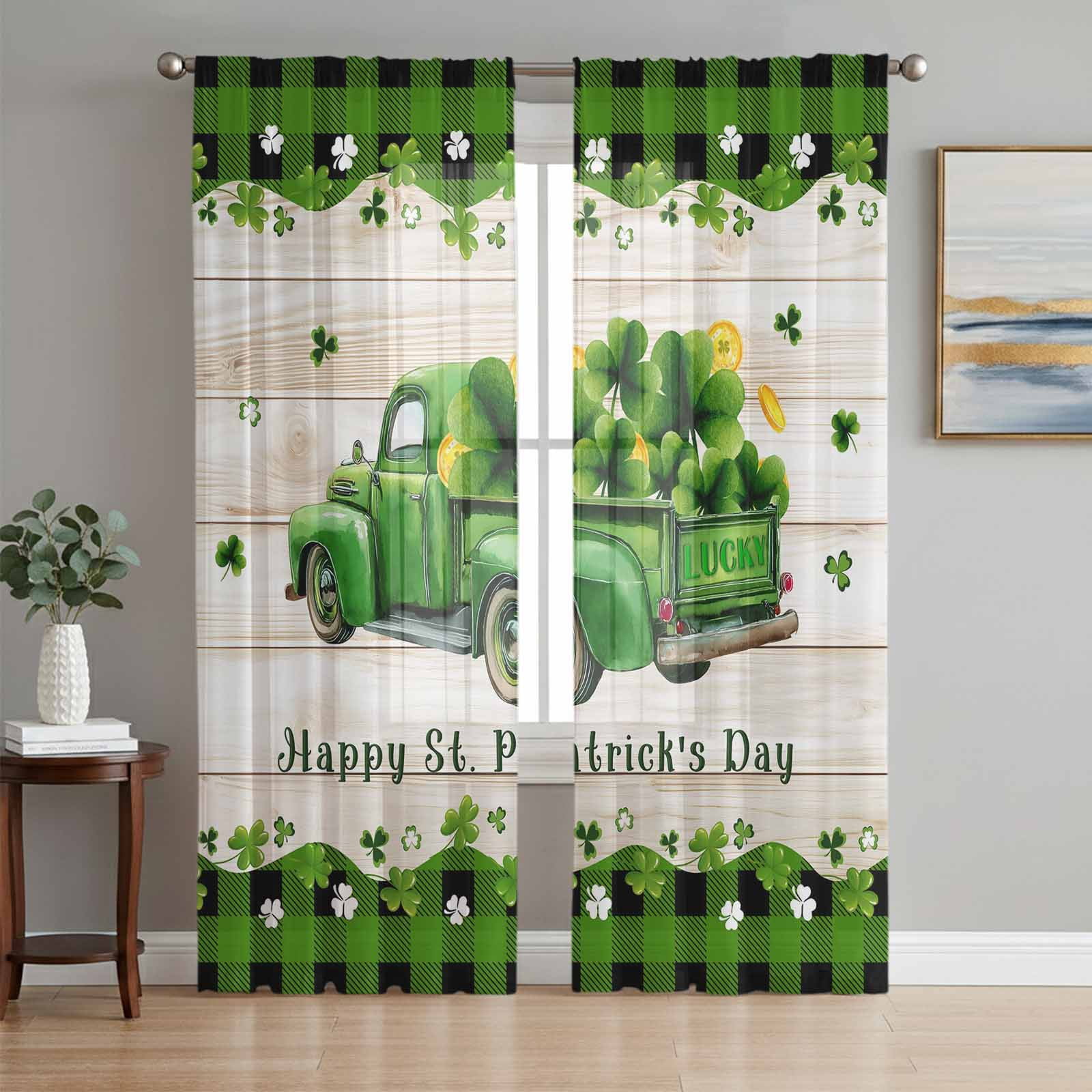 St. Patrick's Day Sheer Curtains 96 Inch Length 2 Panels Set, Shamrock ...