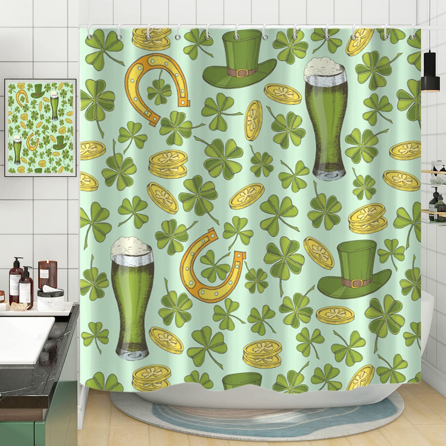 St. Patrick''s Day Shower Curtain, Green Clover Shamrock Leaf Gold Coin ...