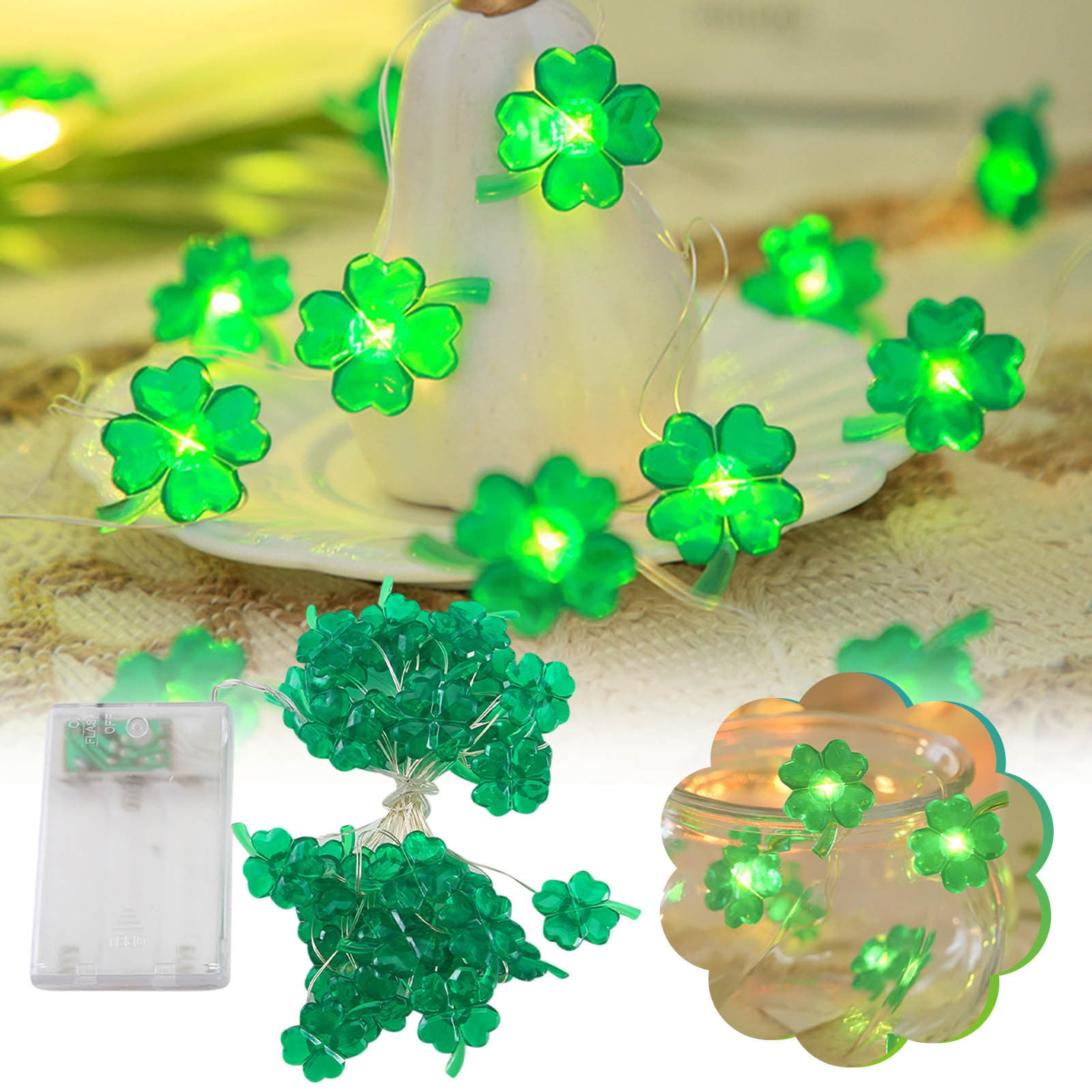 St Patrick's Day String Lights, Battery Operated LED Four Leaf Clover ...