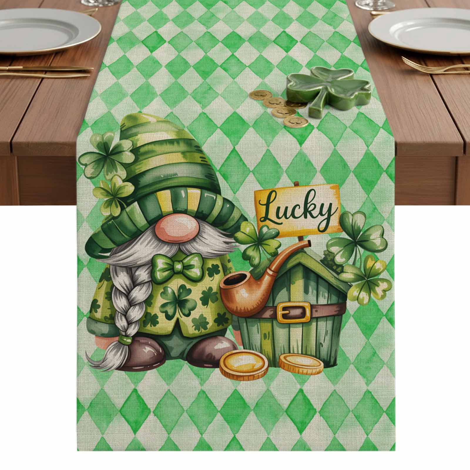 St. Patrick's Day Table Runner 14 x 72 Inch, Watercolor Cute Gnome ...