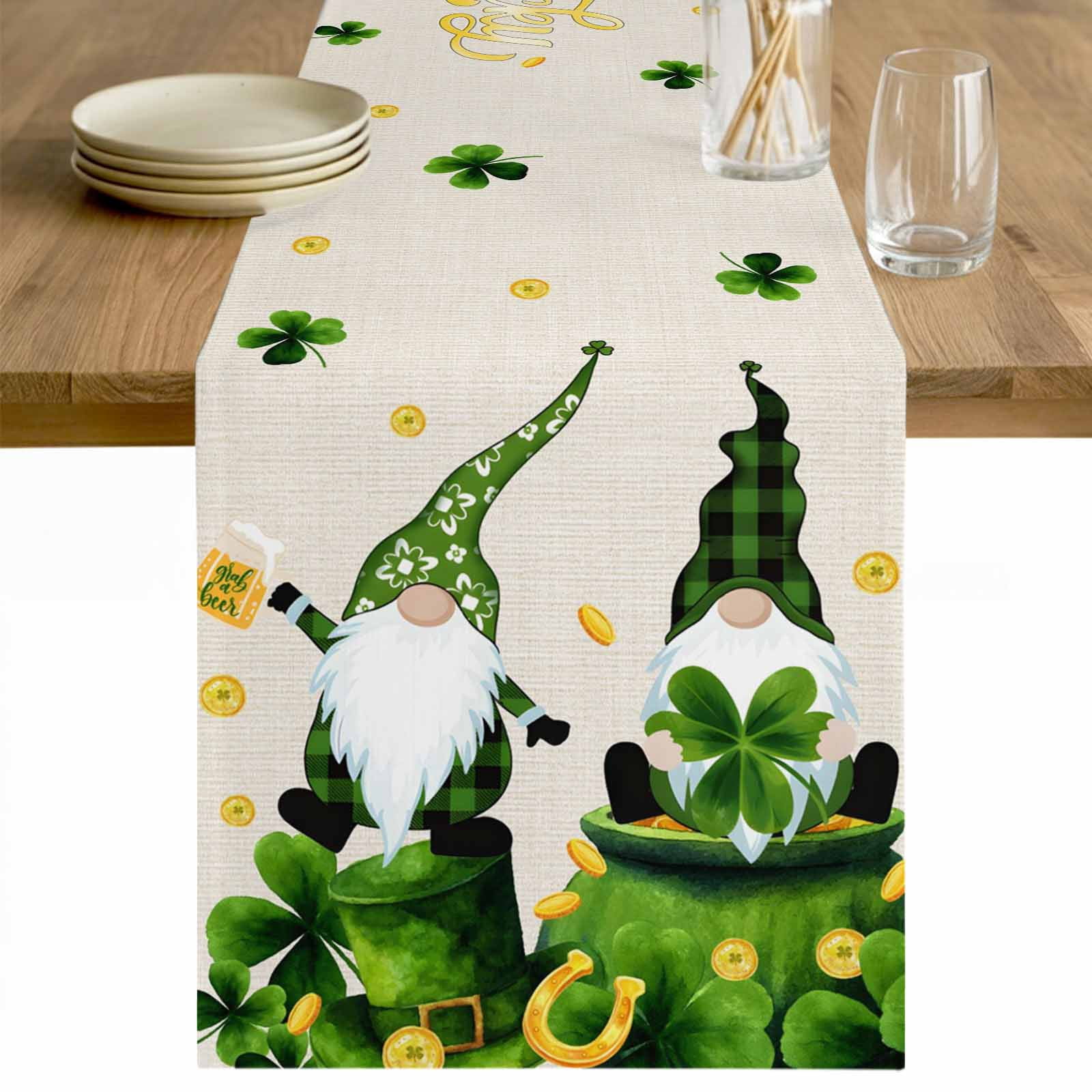 St. Patrick's Day Table Runner - 72 Inch Long Green Gnomes Gold Coin ...