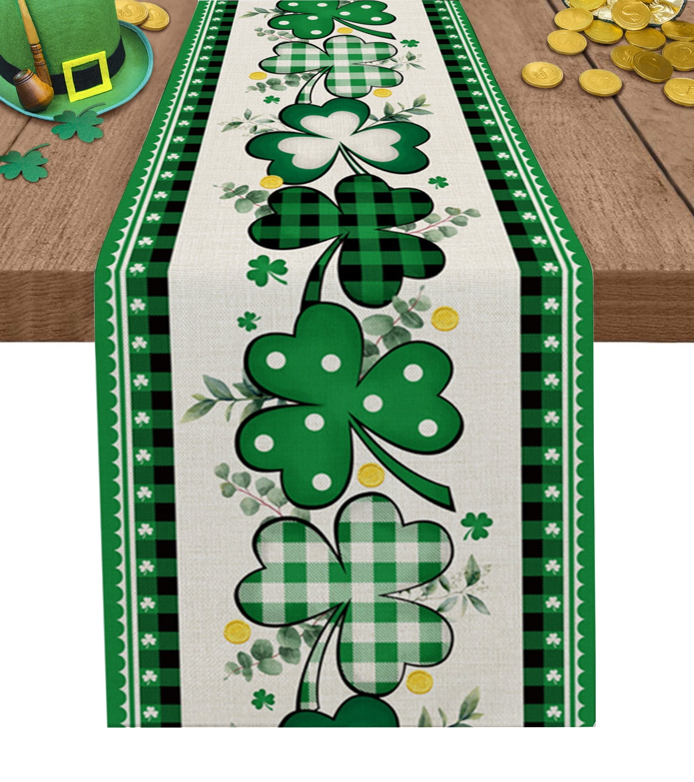 St. Patrick's Day, Table Runner Green Shamrock Farmhouse Plaid ...